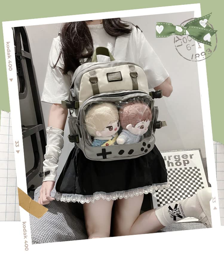 HOKMAH Cute Ita Backpack for Women Girls, Kawaii Clear Window Design Pins Plush Display, Lolita Itabag Japanese Style Bag School (Green)
