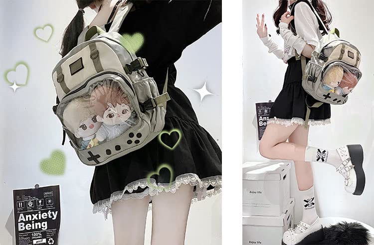 HOKMAH Cute Ita Backpack for Women Girls, Kawaii Clear Window Design Pins Plush Display, Lolita Itabag Japanese Style Bag School (Green)