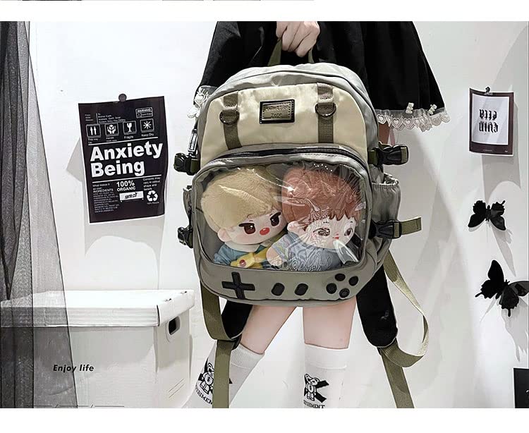 HOKMAH Cute Ita Backpack for Women Girls, Kawaii Clear Window Design Pins Plush Display, Lolita Itabag Japanese Style Bag School (Green)