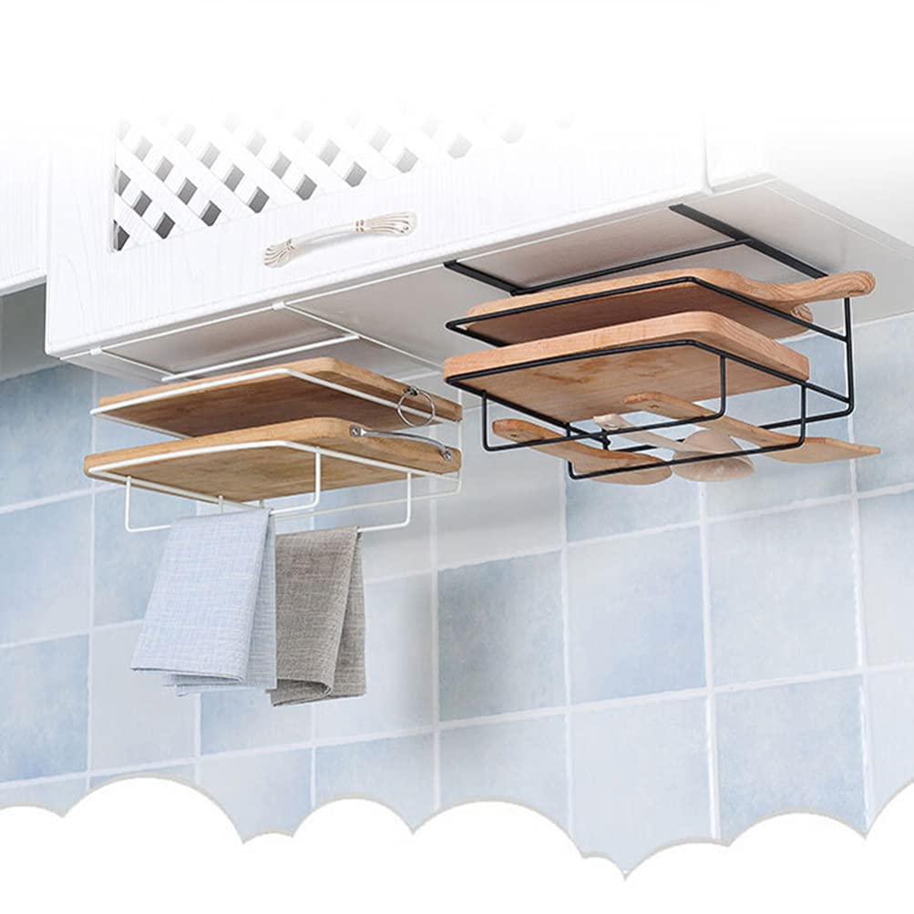 YARNOW 2 Pcs Chopping Board Shelf Under Cabinet Double Layer Pot Lid Rack Holder Punch Free Towel Bar Kitchen Storage Organizer (White)