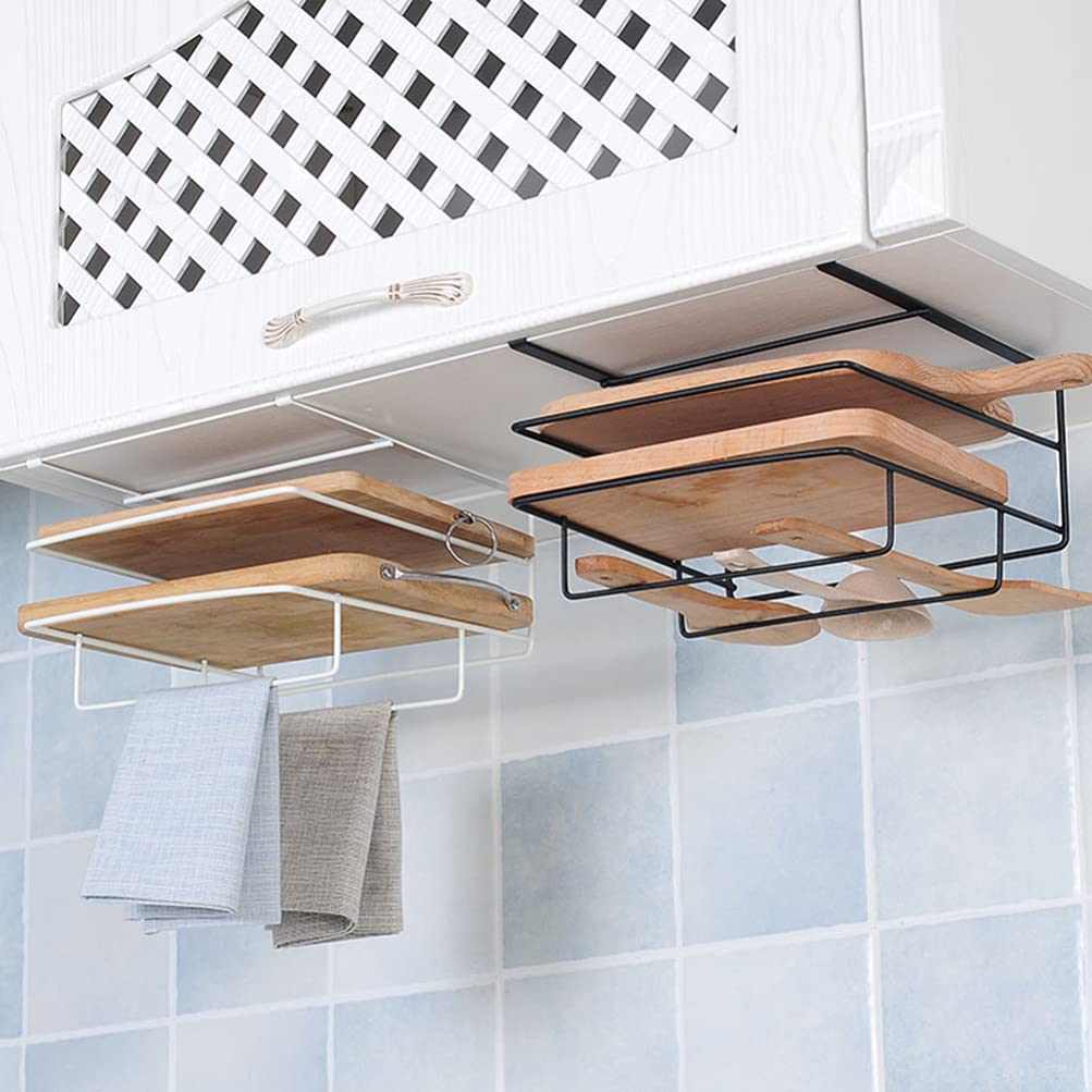 YARNOW 2 Pcs Chopping Board Shelf Under Cabinet Double Layer Pot Lid Rack Holder Punch Free Towel Bar Kitchen Storage Organizer (White)