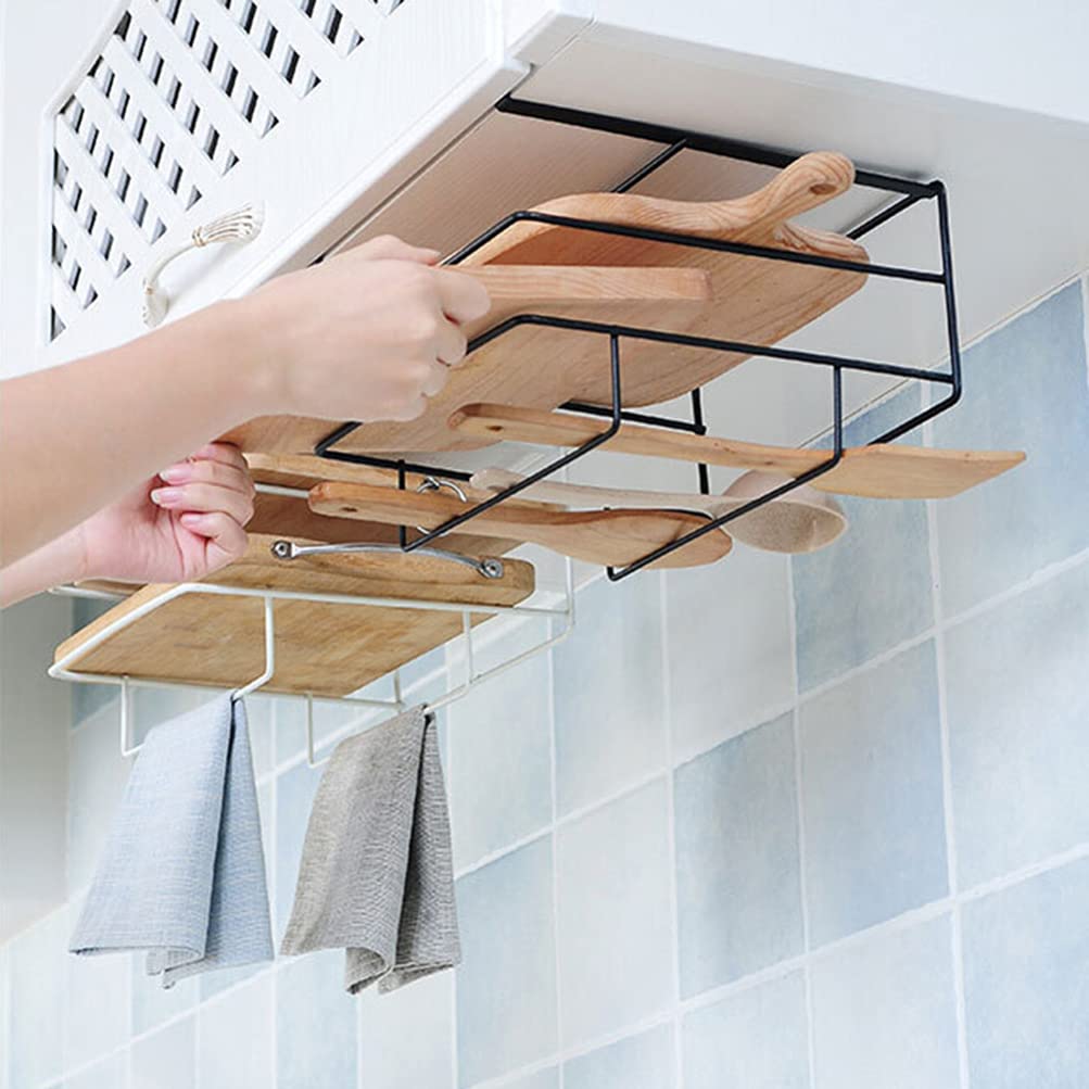 YARNOW 2 Pcs Chopping Board Shelf Under Cabinet Double Layer Pot Lid Rack Holder Punch Free Towel Bar Kitchen Storage Organizer (White)