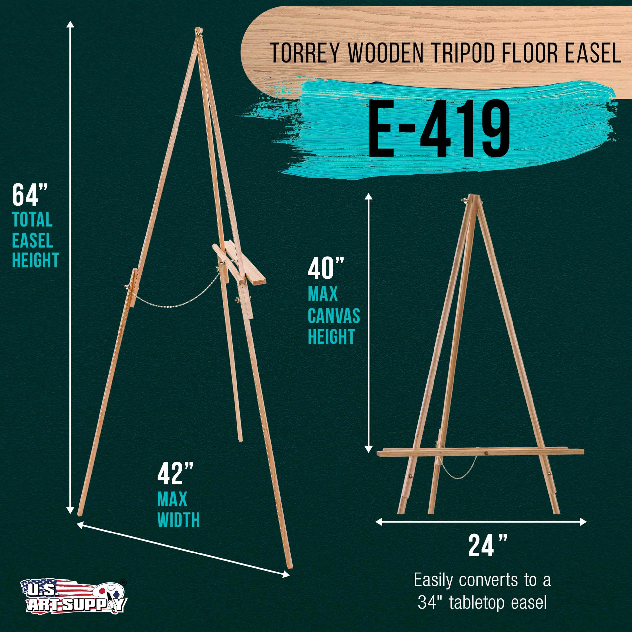 U.S. Art Supply 64" High Torrey Wooden A-Frame Tripod Studio Artist Floor Easel - Adjustable Tray Height, Holds 40" Canvas - Wood Display Holder Stand for Paintings, Drawings, Framed Photos, Signs