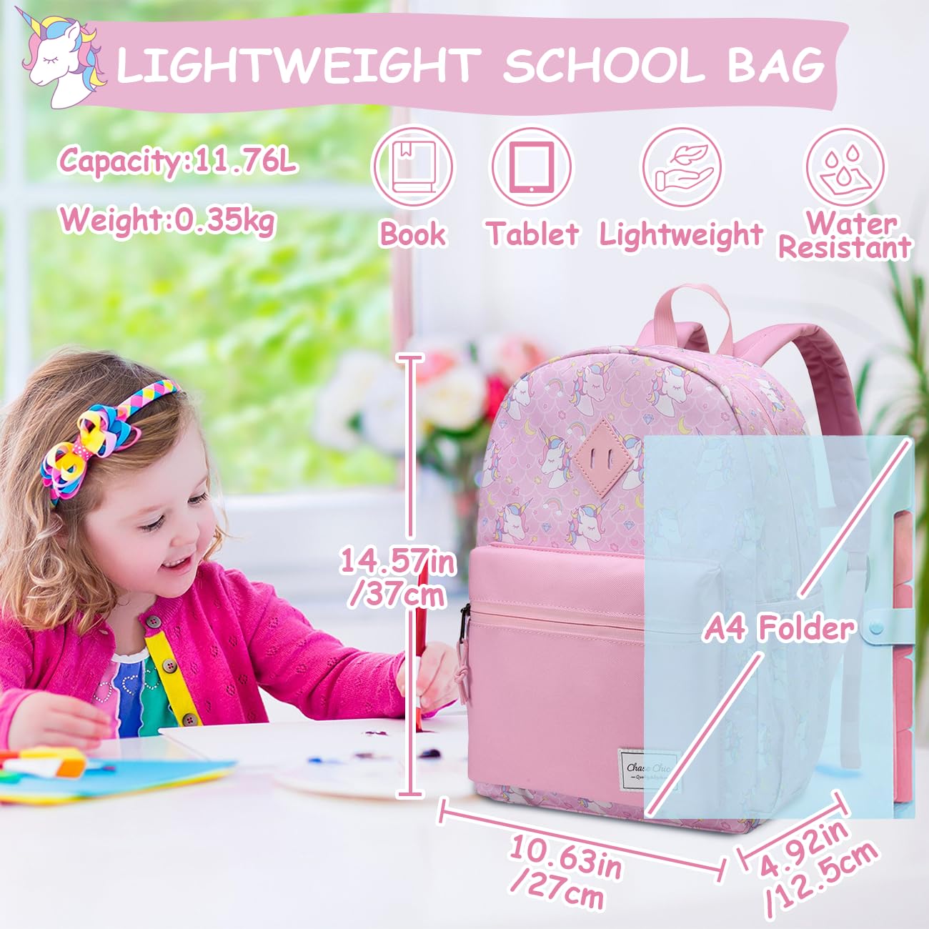 Backpack for Girls,ChaseChic Water-resistant Kids Backpack Preschool Kindergarten Bookbag Lightweight Toddler Nursery School Unicorn Backpacks with Chest Strap,3-18Years(Pink)
