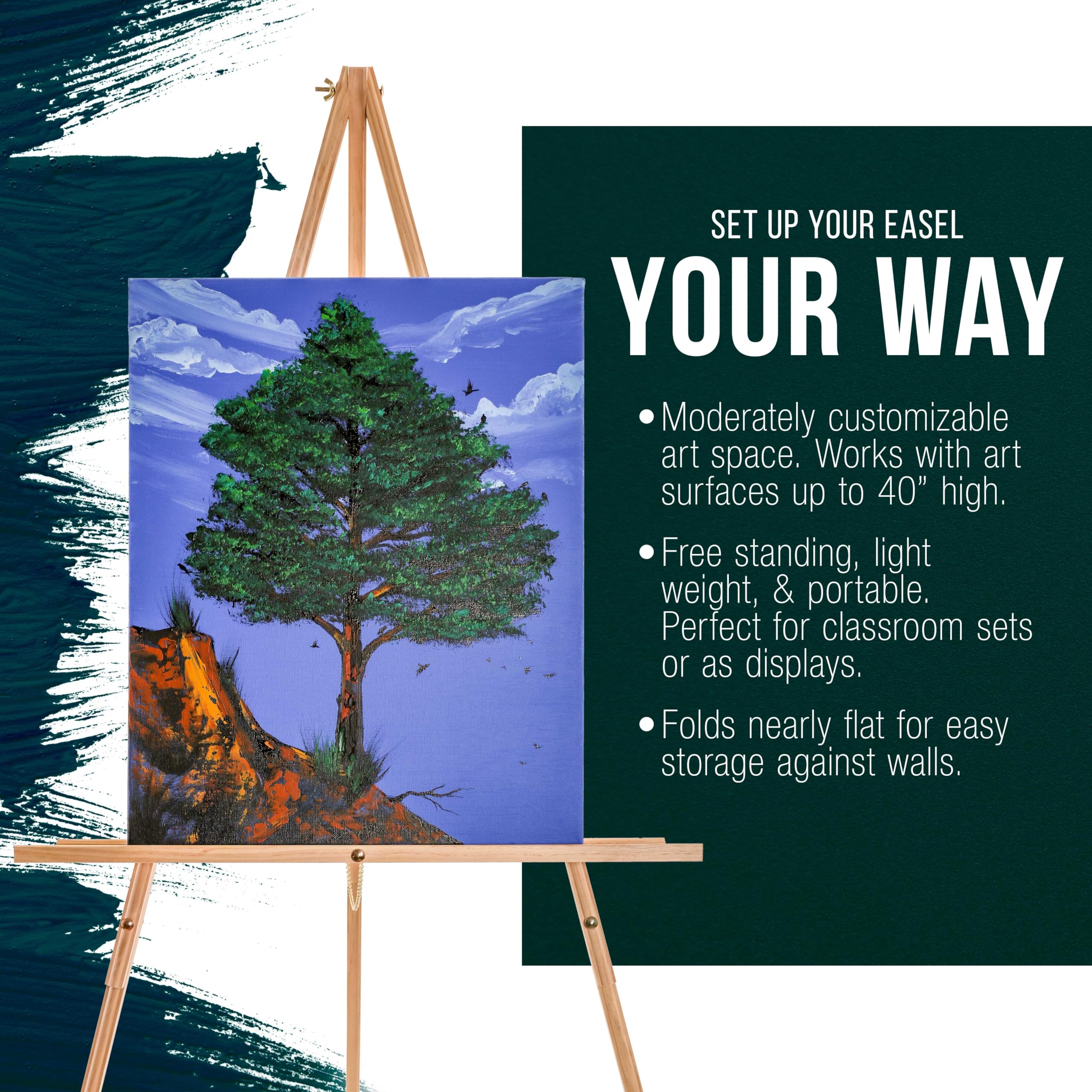 U.S. Art Supply 64" High Torrey Wooden A-Frame Tripod Studio Artist Floor Easel - Adjustable Tray Height, Holds 40" Canvas - Wood Display Holder Stand for Paintings, Drawings, Framed Photos, Signs