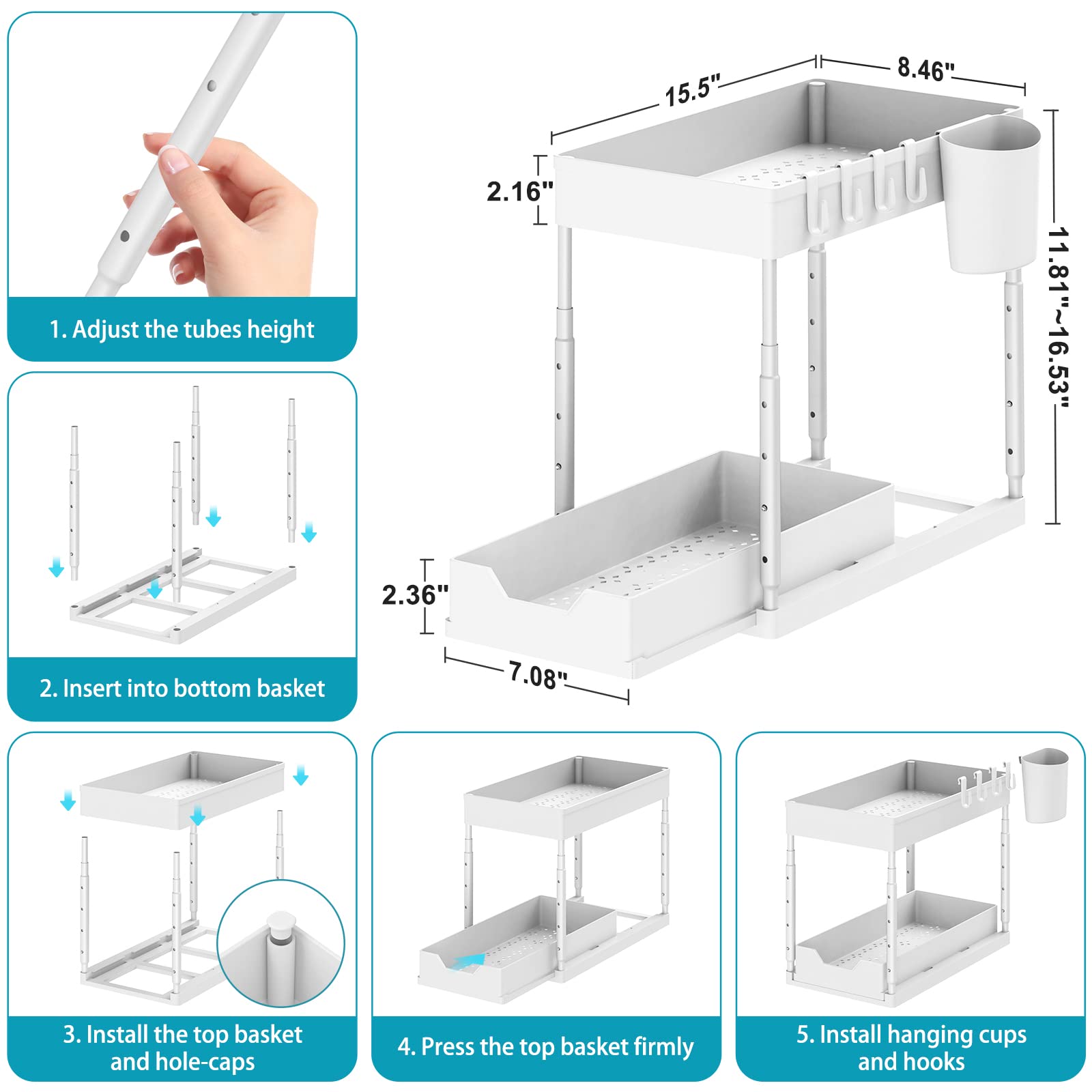 Under Sink Organizers and Storage 2 Pack - LITFP Adjustable Height Under Bathroom Cabinet Organizer 2 Tier, Sliding Kitchen Organization Under Sink Cabinet Basket Storage Shelf with Hooks Hanging Cup