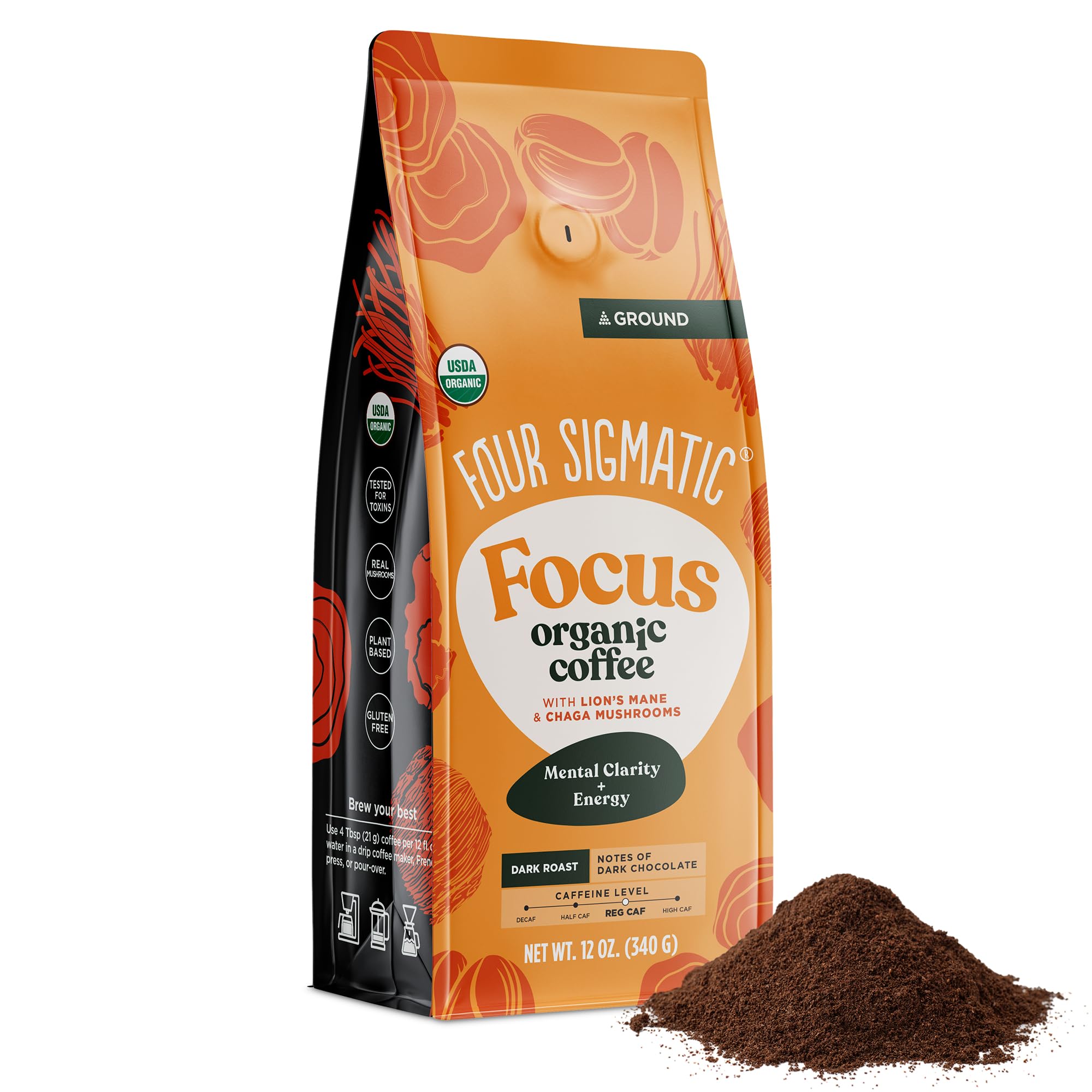 Organic Mushroom Ground Coffee by Four Sigmatic | Dark Roast, Fair Trade Gourmet Coffee with Lion's Mane, Chaga & Mushroom Powder | Immune Boosting Coffee for Focus & Immune Support | 12oz Bag