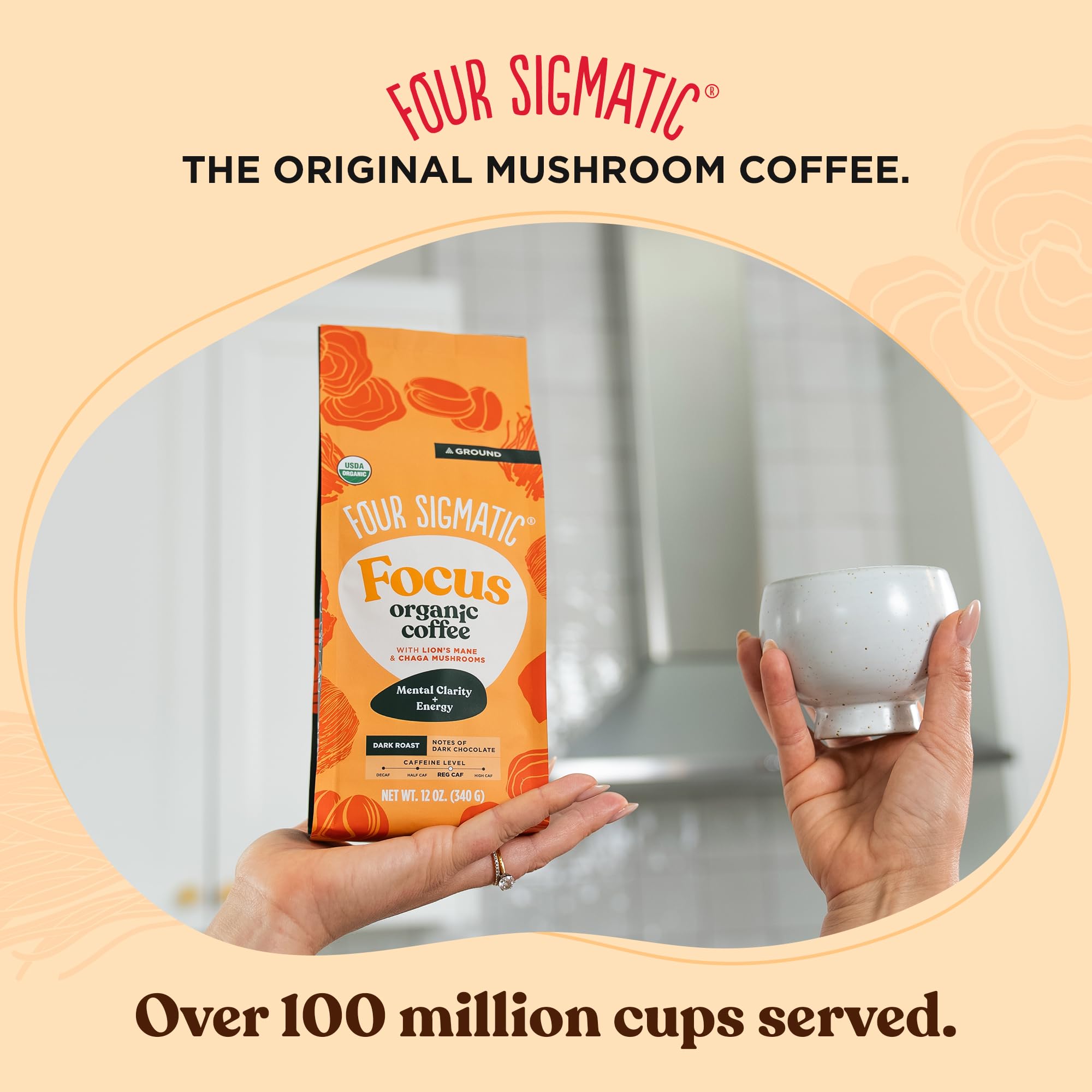 Organic Mushroom Ground Coffee by Four Sigmatic | Dark Roast, Fair Trade Gourmet Coffee with Lion's Mane, Chaga & Mushroom Powder | Immune Boosting Coffee for Focus & Immune Support | 12oz Bag