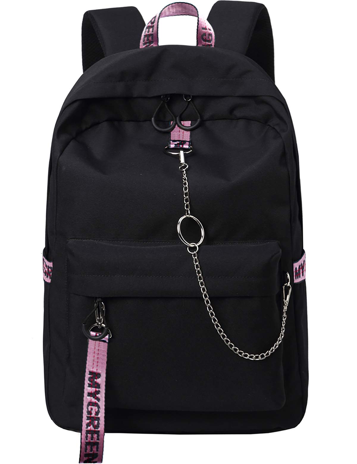 El-fmly Fashion Backpack with USB Charging Port for Travel Lightweight School Bookbags with Cute Letters Strap for Teenage Girls & Children (Black+Pink)