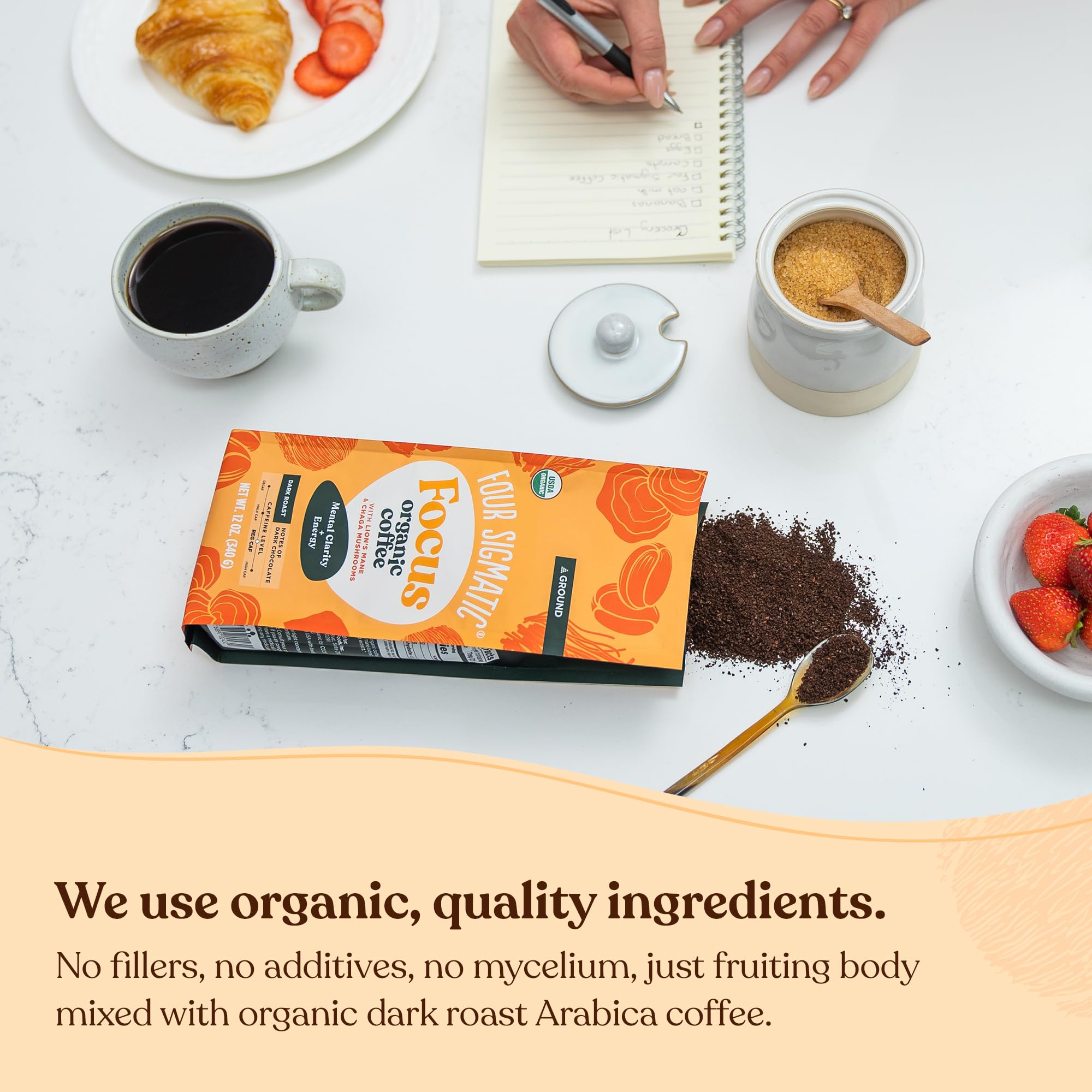 Organic Mushroom Ground Coffee by Four Sigmatic | Dark Roast, Fair Trade Gourmet Coffee with Lion's Mane, Chaga & Mushroom Powder | Immune Boosting Coffee for Focus & Immune Support | 12oz Bag
