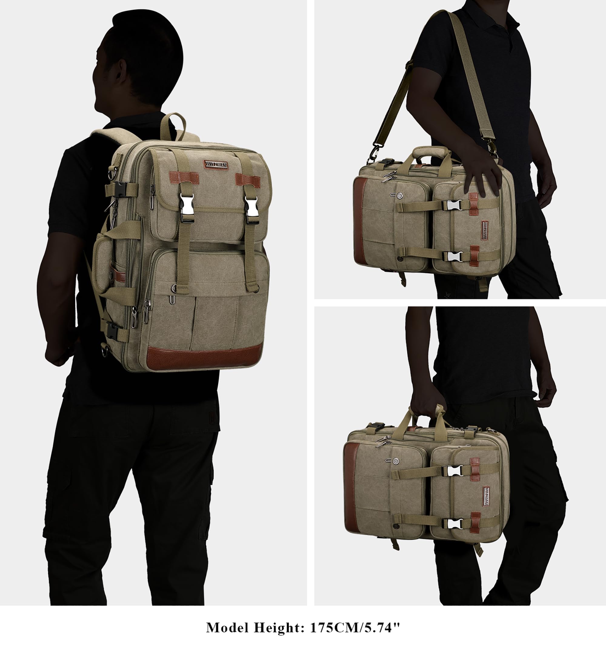 WITZMAN Canvas Backpack with USB Charging Port Large Travel Backpack Luggage Duffel Bag for Airplane Carry On Fit 17 inch Laptop for Men Women (6617 Brown)
