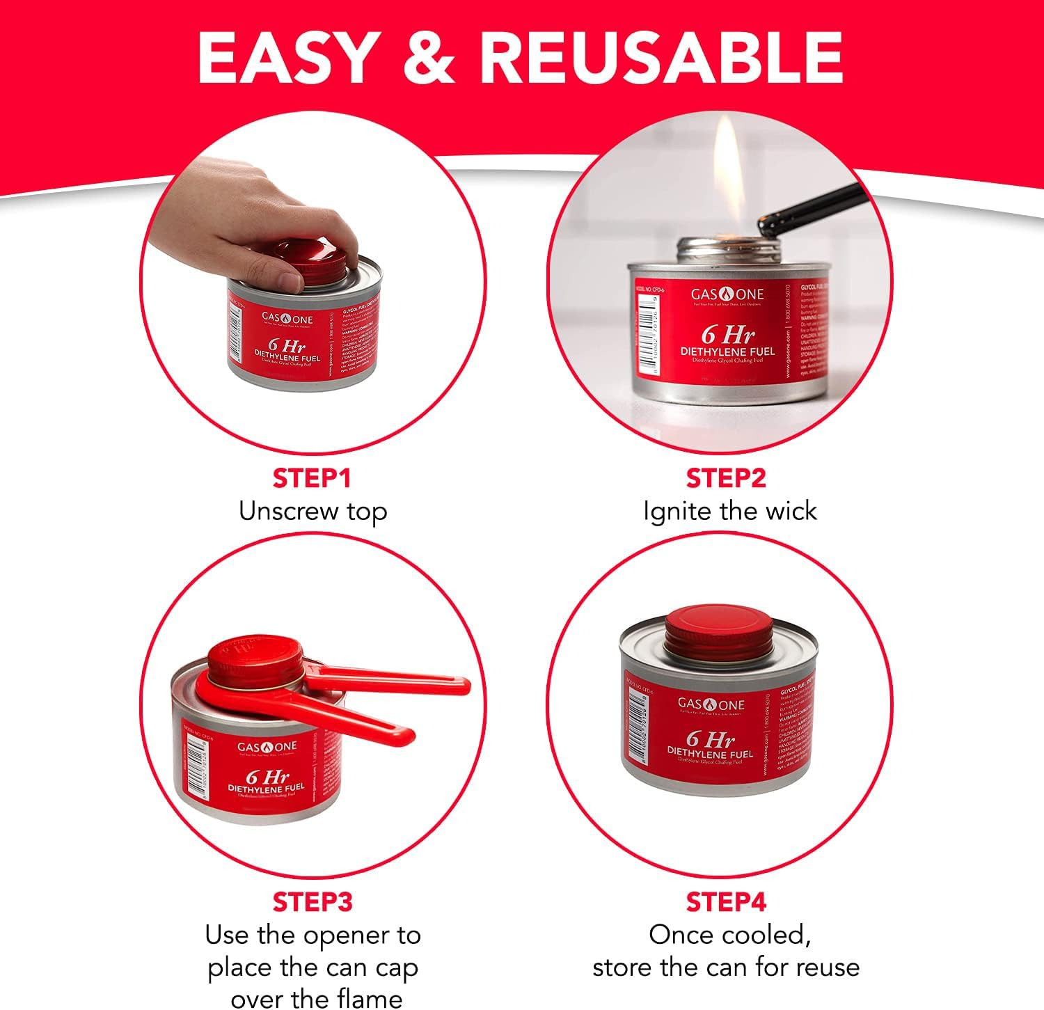 Gas One 12 pack 6 Hour Chafing Fuel - Food Warmer for Chafing Dish Buffet Set - Liquid Safe Fuel With Wick & Lid Opener for Chafing Dish