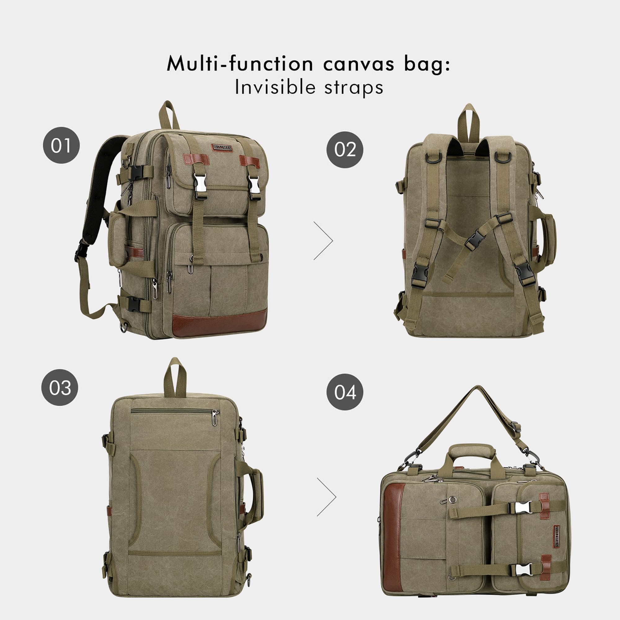 WITZMAN Canvas Backpack with USB Charging Port Large Travel Backpack Luggage Duffel Bag for Airplane Carry On Fit 17 inch Laptop for Men Women (6617 Brown)