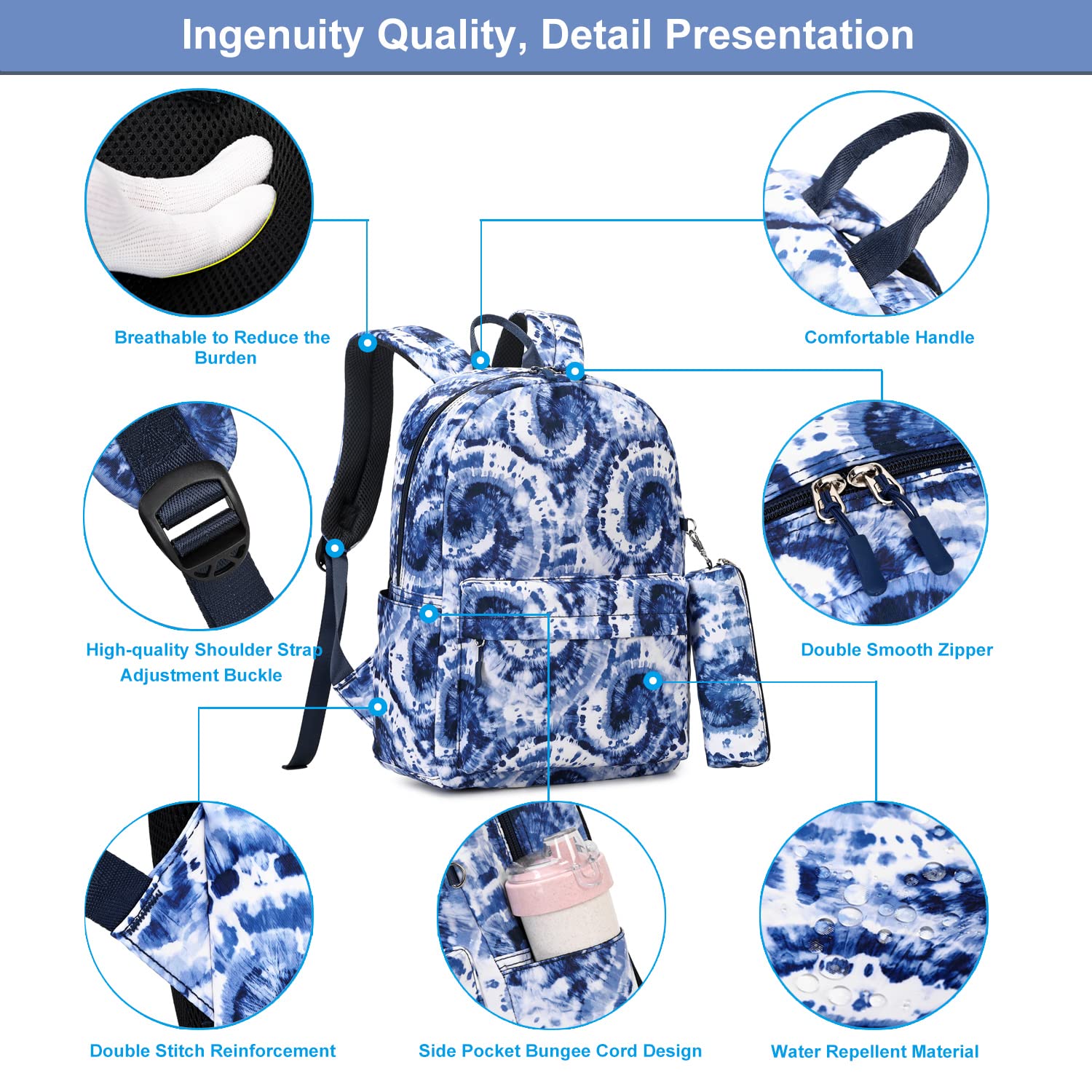 WUUDWALK Backpack for Girls Kids School Backpack/Tie Dye Kids' Bag with Lunch Box Preschool Kindergarten BookBag Set (Tie Dye Blue)