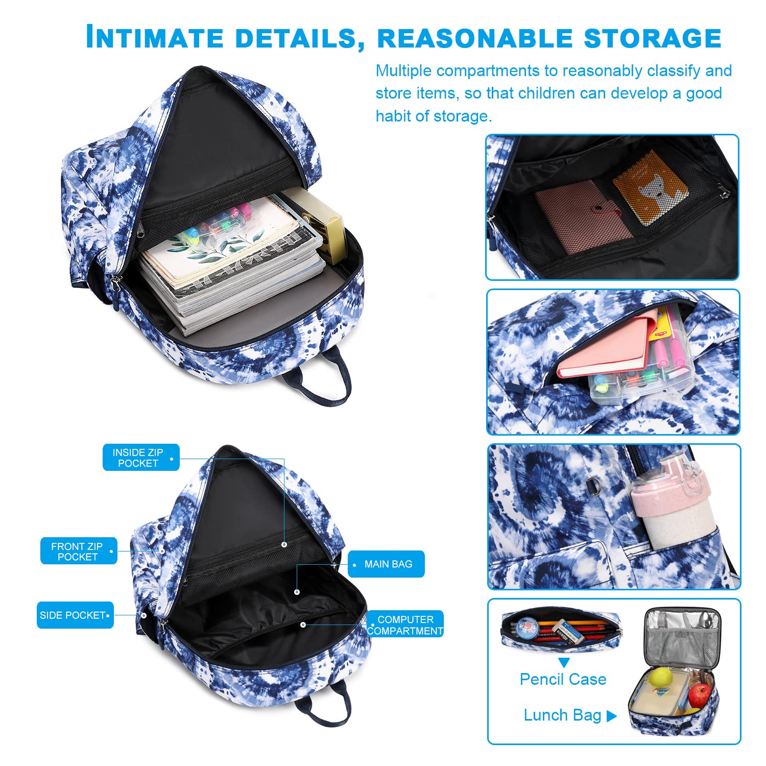 WUUDWALK Backpack for Girls Kids School Backpack/Tie Dye Kids' Bag with Lunch Box Preschool Kindergarten BookBag Set (Tie Dye Blue)