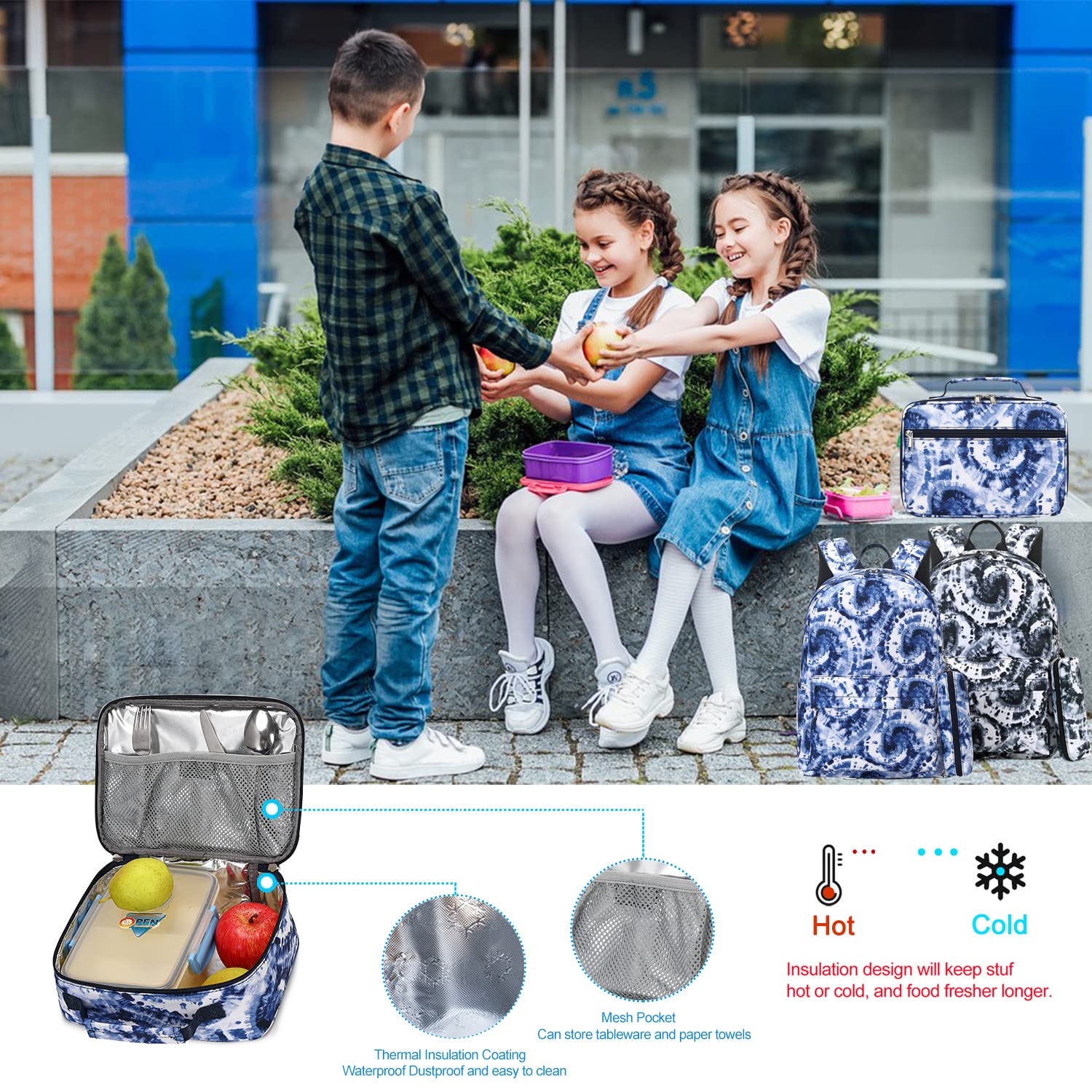 WUUDWALK Backpack for Girls Kids School Backpack/Tie Dye Kids' Bag with Lunch Box Preschool Kindergarten BookBag Set (Tie Dye Blue)