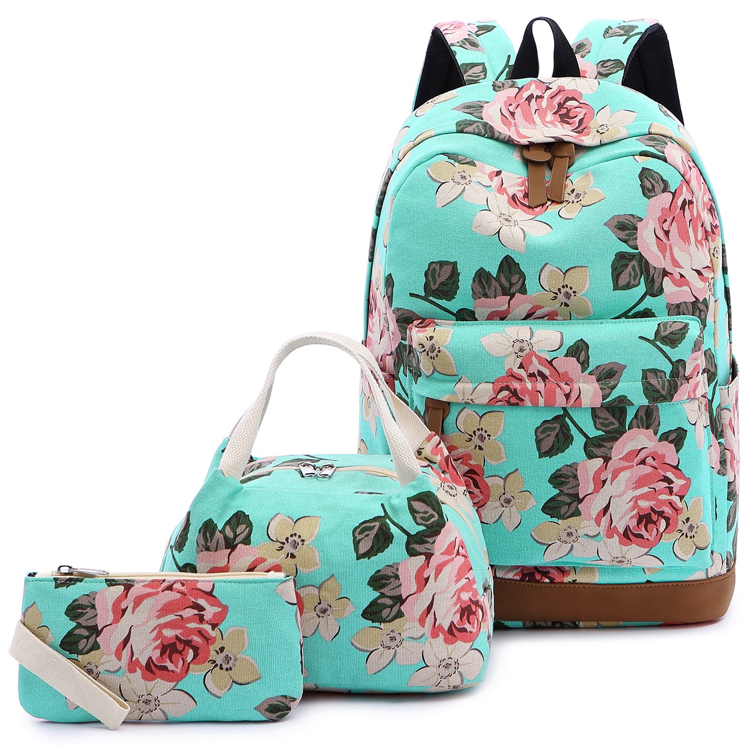 Abshoo Floral Backpacks For Girls Canvas School Bookbags Teen Girls Backpacks With Lunch Bag (Floral Lake Blue)