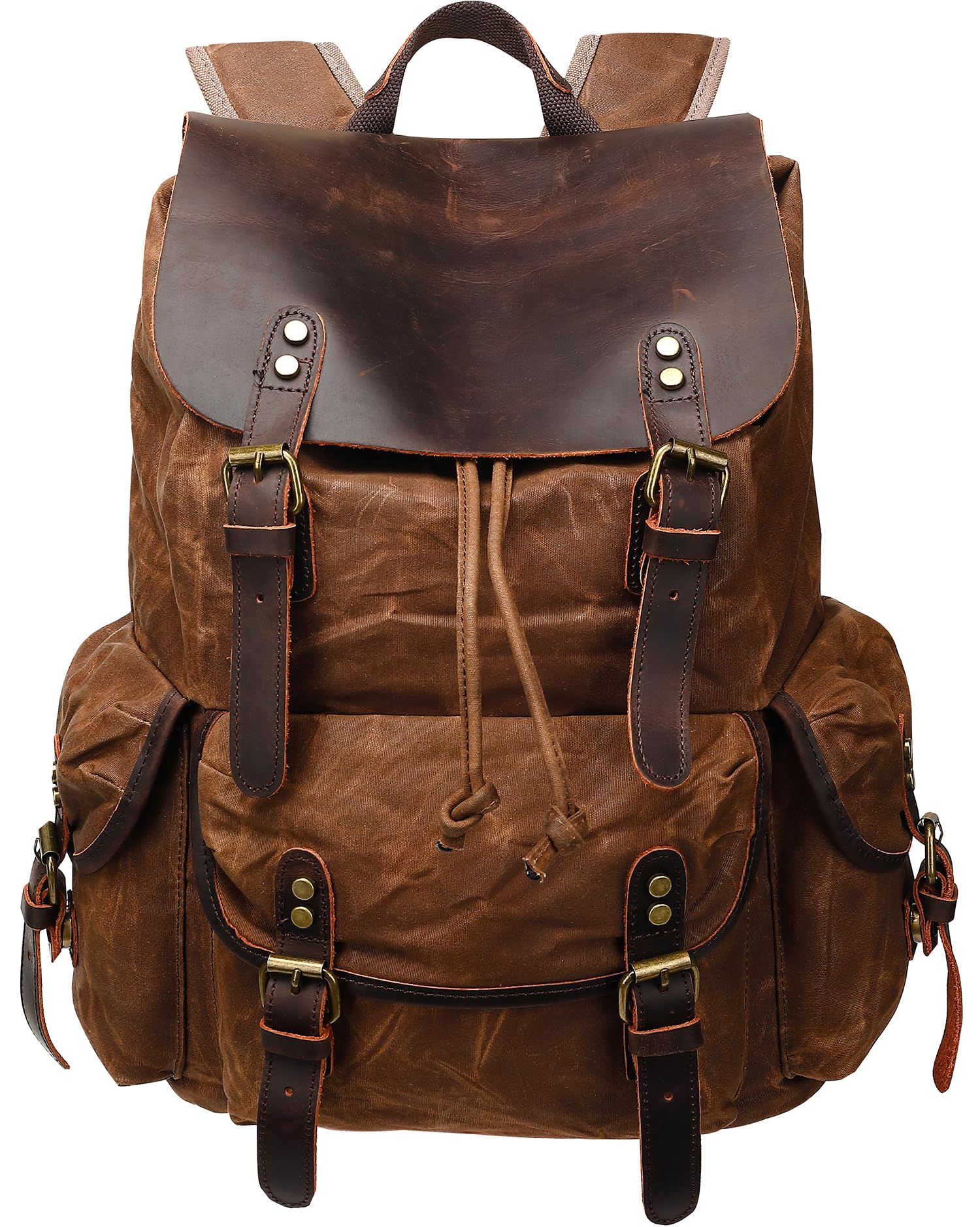 HuaChen Rugged Leather and Waxed Canvas Backpack for Men, Shoulder Rucksack for Travel Laptop School Hiking (M80_Brown)