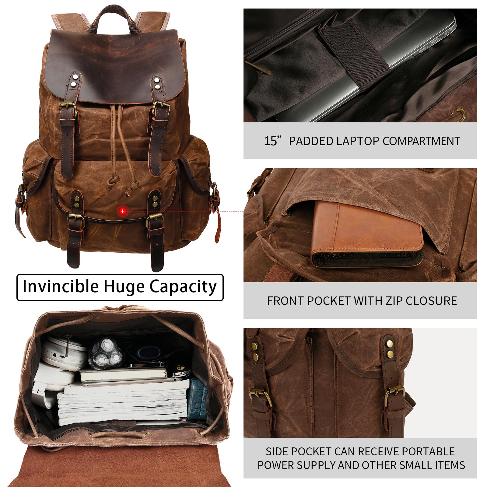 HuaChen Rugged Leather and Waxed Canvas Backpack for Men, Shoulder Rucksack for Travel Laptop School Hiking (M80_Brown)