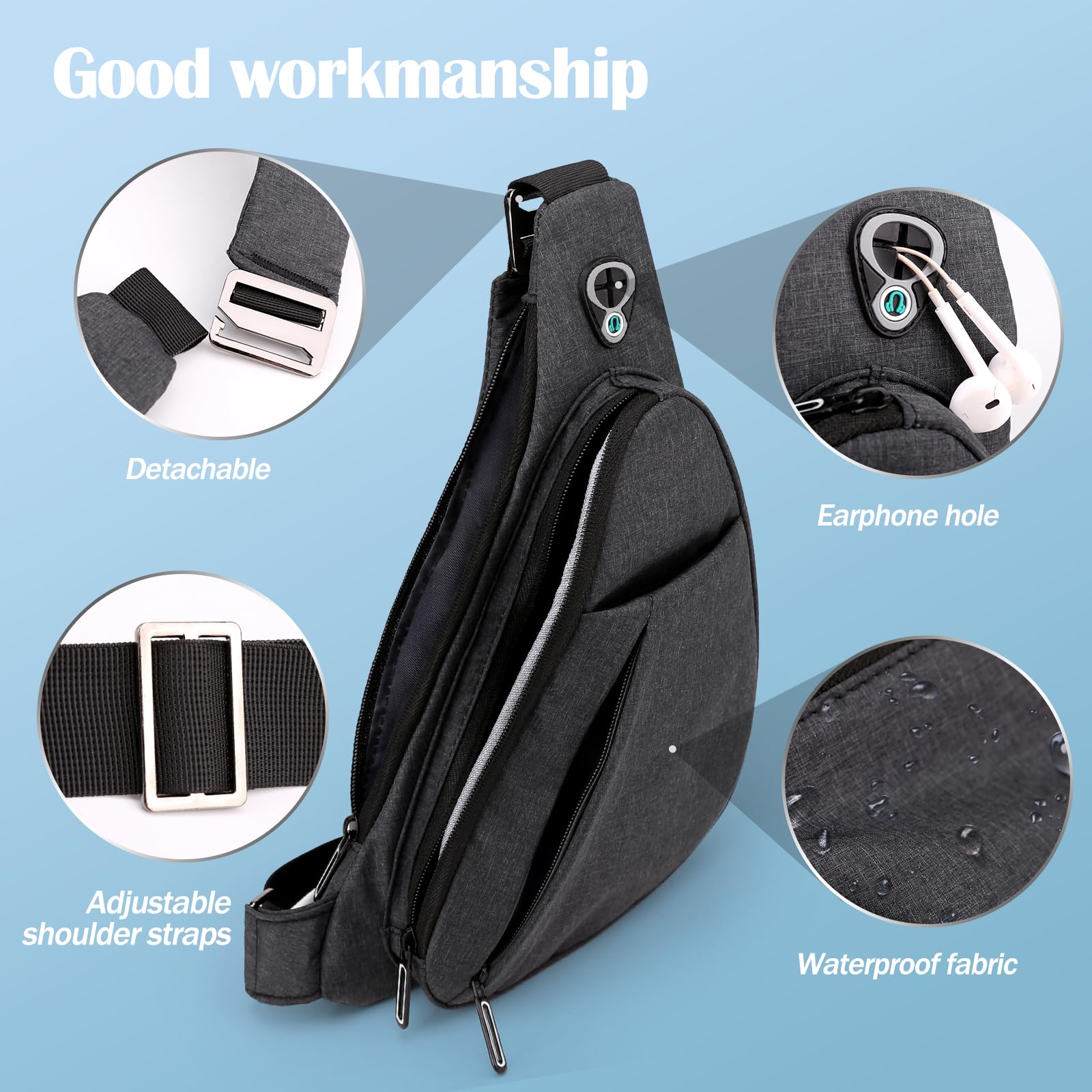 LKEX Crossbody Bag Anti-Theft Lightweight Casual Shoulder Backpack Sling Chest Bag Belt Rucksack for Travel Bicycle Sport(Dark Grey Right Hand)