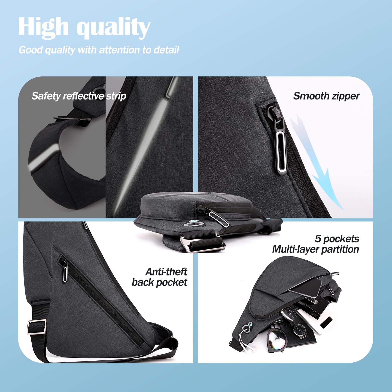 LKEX Crossbody Bag Anti-Theft Lightweight Casual Shoulder Backpack Sling Chest Bag Belt Rucksack for Travel Bicycle Sport(Dark Grey Right Hand)