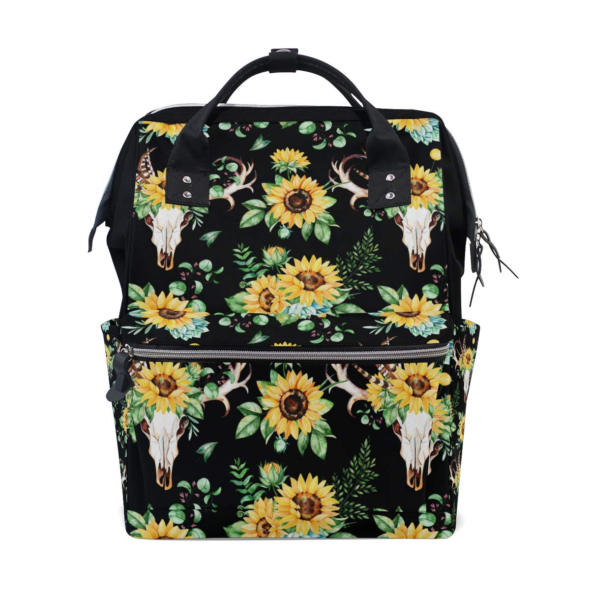 WIHVE Doctor Bag Backpack Sunflower Skull Feather Horn Large Diaper Bag School Travel Backpack