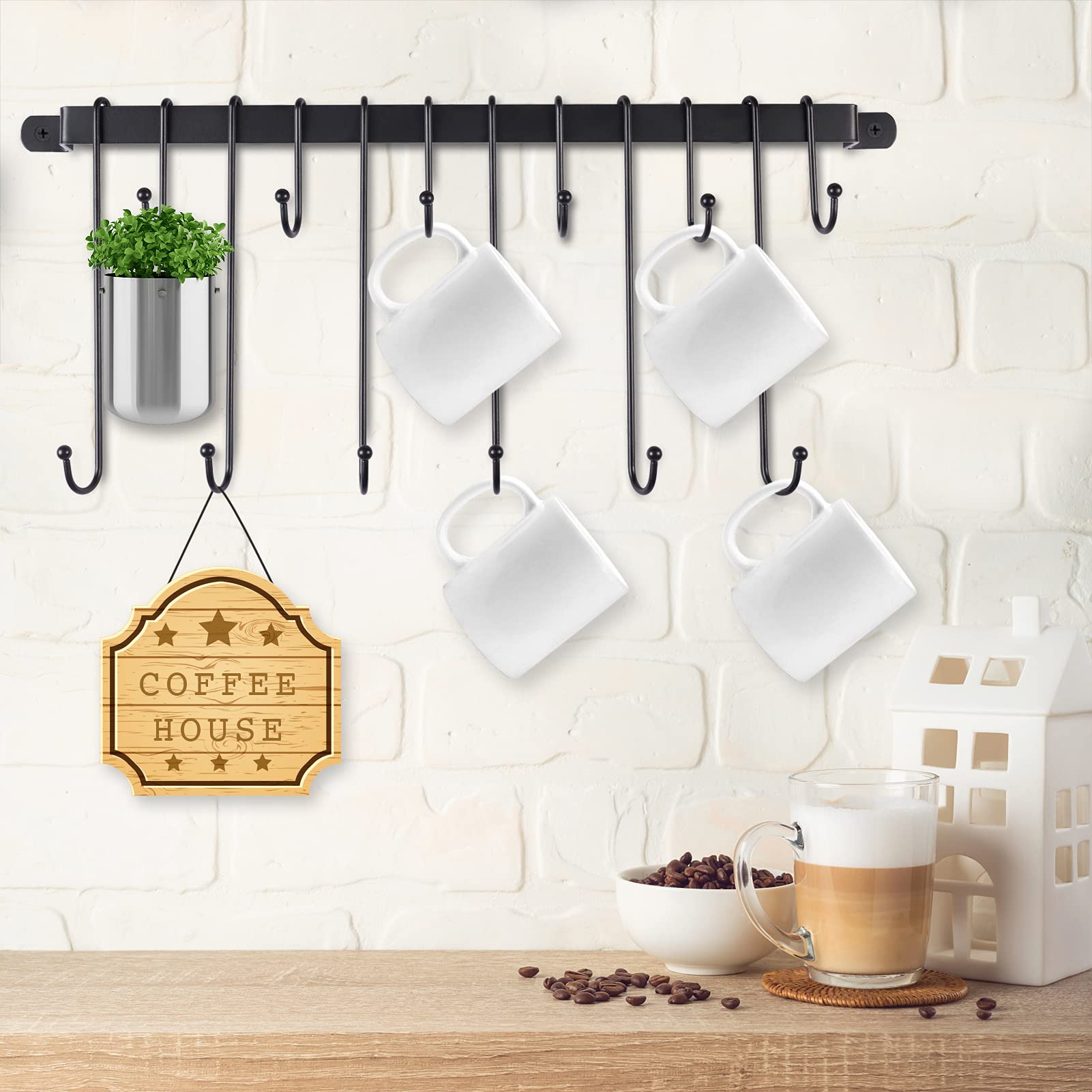 Coffee Cup Holder Wall Mounted - Coffee Cup Rack Mug Hooks (23β / 12 Hooks) in Kitchen Counter or Coffee Bar Station for Mug Display, Storage or Collections, Kitchen Utensils Hanger - Easy to Install