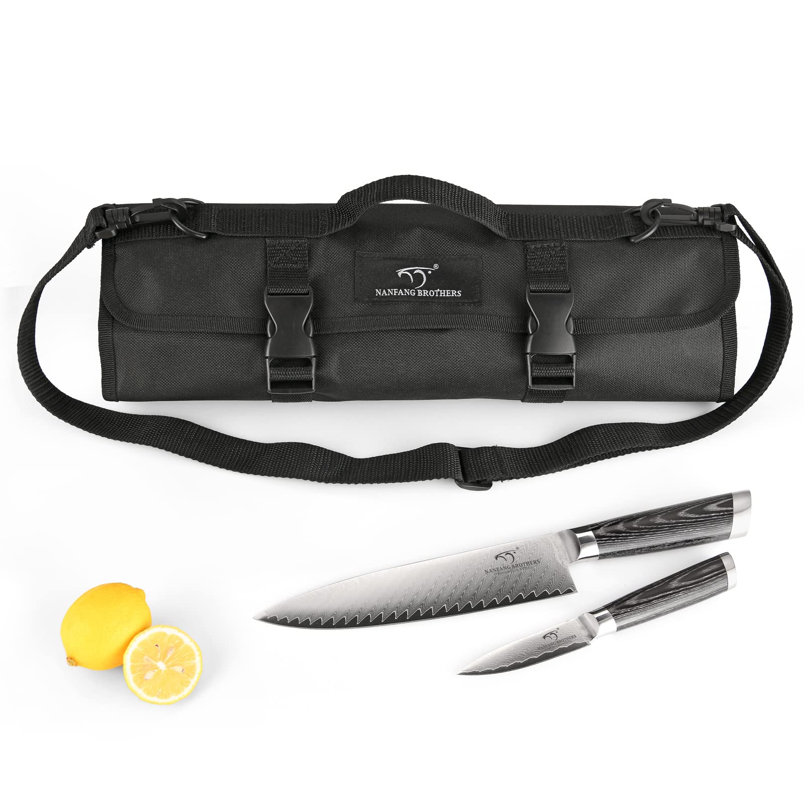 NANFANG BROTHERS Knife Set with Bag, 8 Pieces Damascus Steel Chef Knives with Portable Knife Roll Storage Bag, Blade Guards, Carving Fork, Sharpener and Kitchen Shears for Outdoor Camping BBQ Travel
