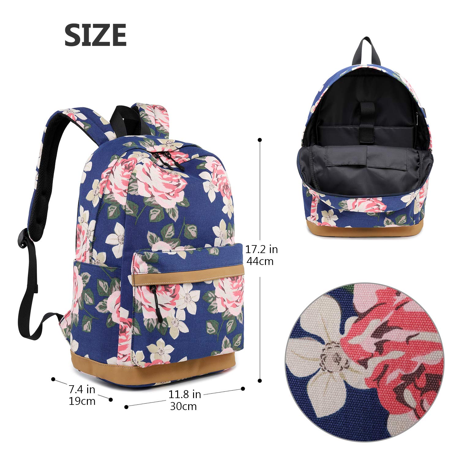 Forestfish Laptop Backpacks With USB Charging Port, Large Capacity Lightweight Floral Printed College Bookbag Casual Daypack (Flower-Dark Blue)