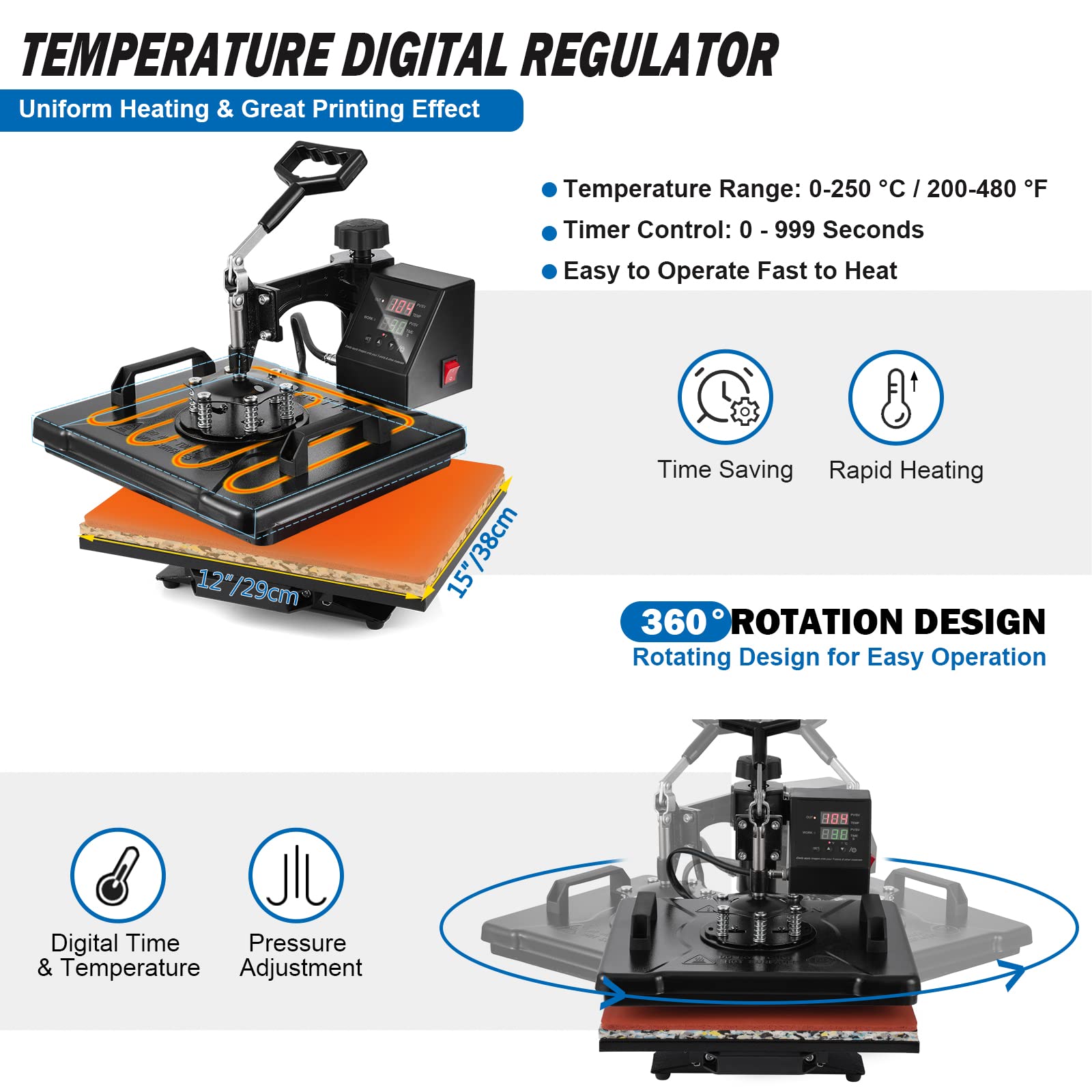 TOPDEEP 5 in 1 Heat Press Machine, 12x15 inch Swing Away Heat Press for Sublimation, T Shirt Pressing Machine Multifunction, Heat Press Transfer Machine Combo for T-Shirt Hat Cap Mug Plate Cap