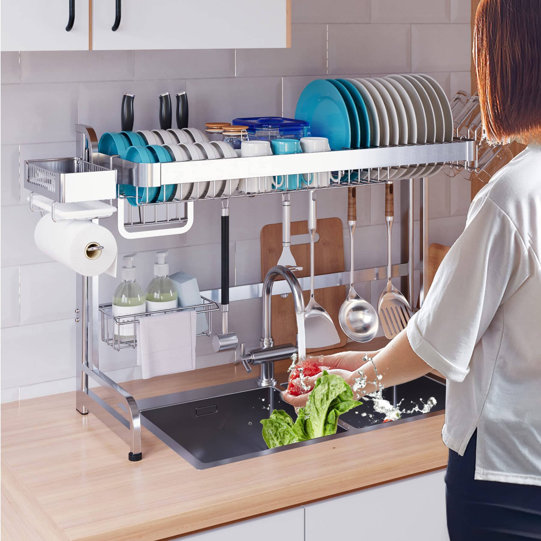 LIVOD Over The Sink Dish Drying Rack, 2 Tier Stainless Steel Over Sink Dish Drying Rack Adjustable (25.6"-37.6"), Large Over Sink Dish Rack for Kitchen Space Saving, Silver