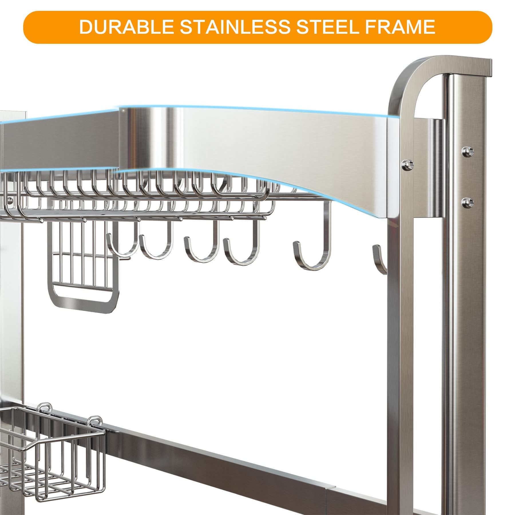 LIVOD Over The Sink Dish Drying Rack, 2 Tier Stainless Steel Over Sink Dish Drying Rack Adjustable (25.6"-37.6"), Large Over Sink Dish Rack for Kitchen Space Saving, Silver