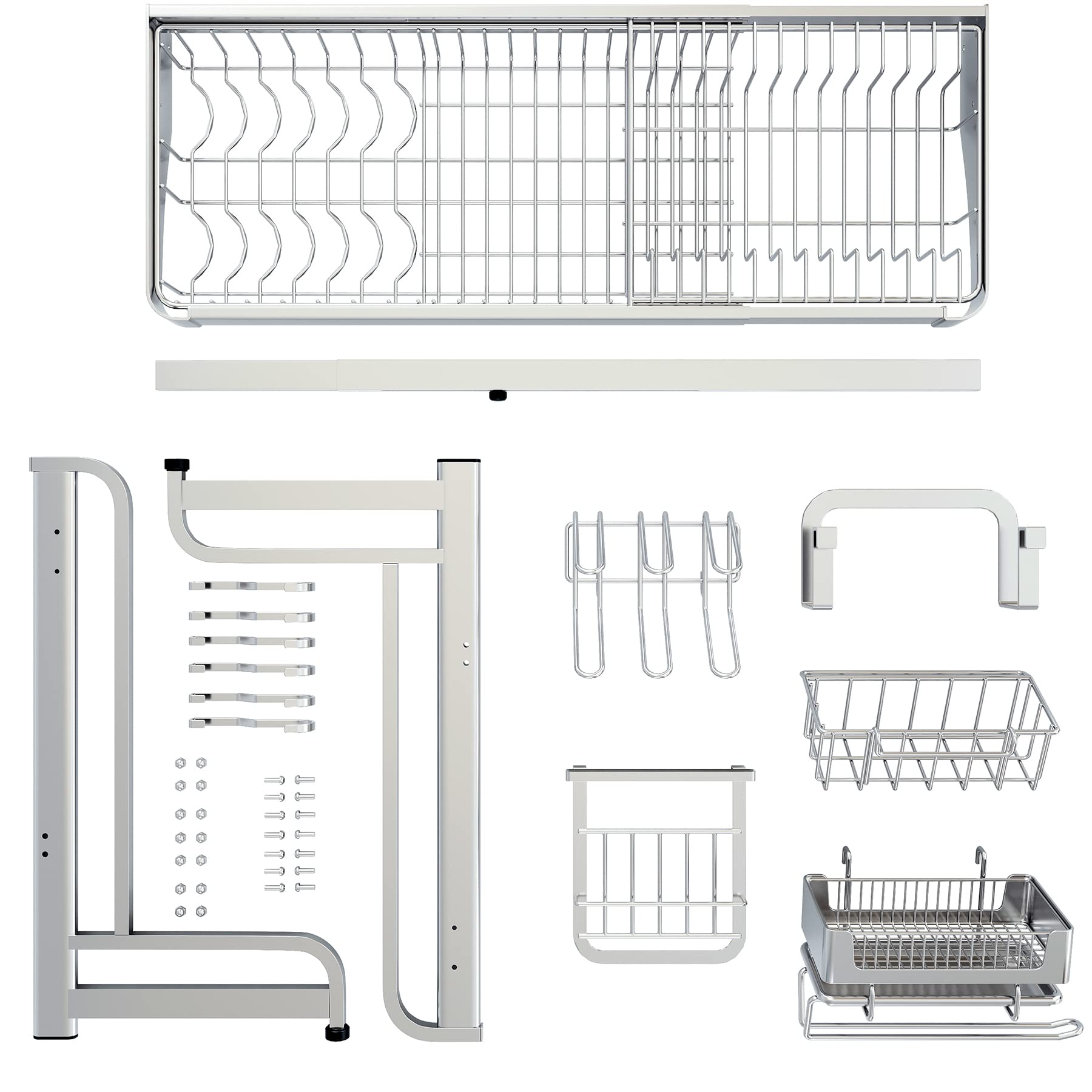 LIVOD Over The Sink Dish Drying Rack, 2 Tier Stainless Steel Over Sink Dish Drying Rack Adjustable (25.6"-37.6"), Large Over Sink Dish Rack for Kitchen Space Saving, Silver