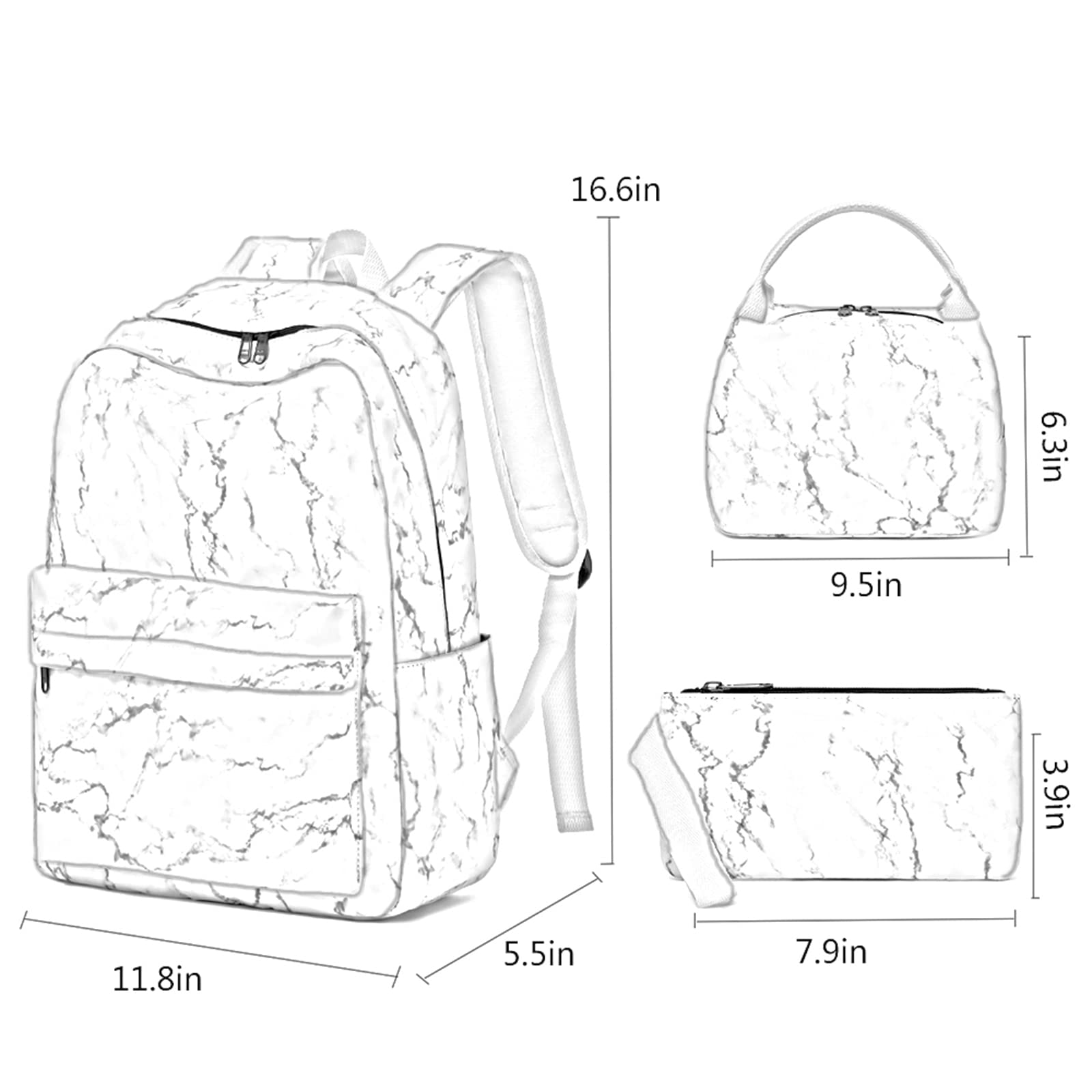 Sunborls Backpack For Teen Girls Lightweight High-Capacity Student Bookbag Women Backpack With Lunch Bag Pencil Bags Student Bookbags 3pcs(Marble White)