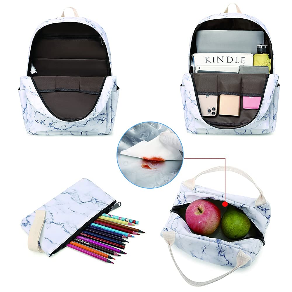 Sunborls Backpack For Teen Girls Lightweight High-Capacity Student Bookbag Women Backpack With Lunch Bag Pencil Bags Student Bookbags 3pcs(Marble White)