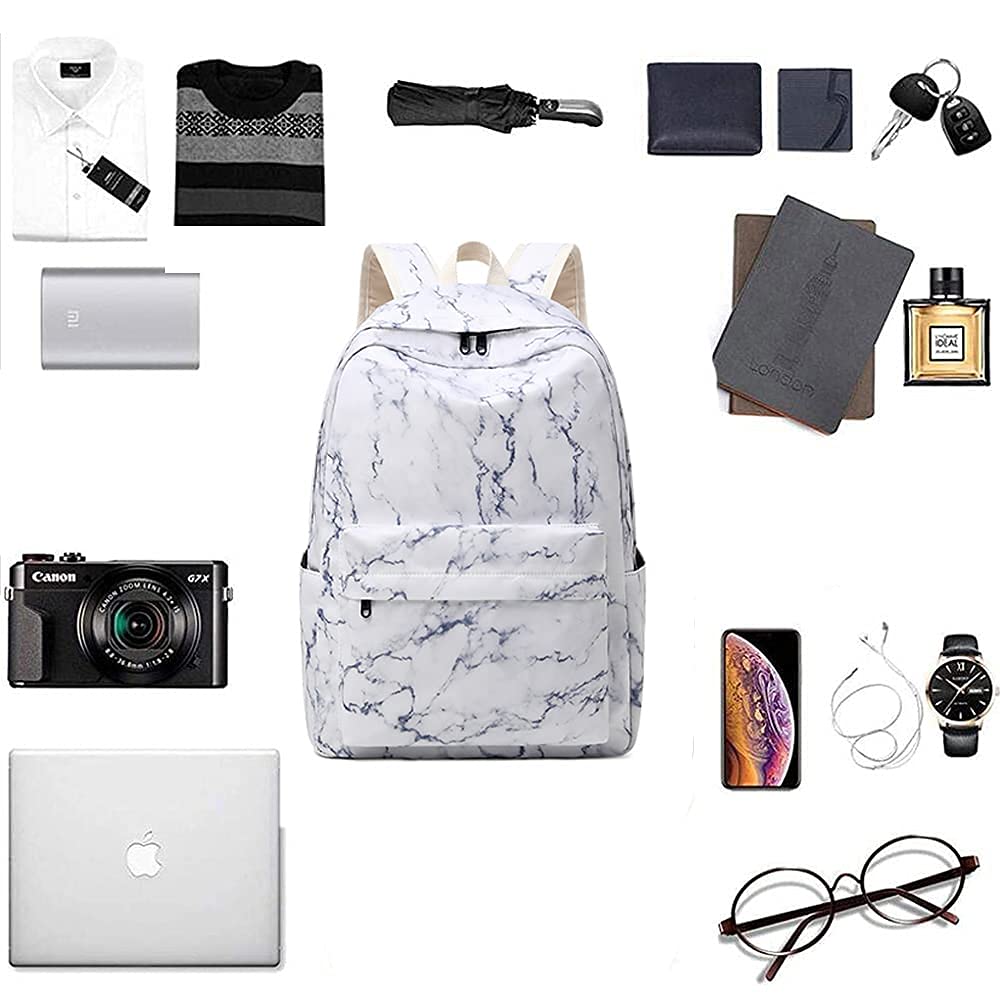 Sunborls Backpack For Teen Girls Lightweight High-Capacity Student Bookbag Women Backpack With Lunch Bag Pencil Bags Student Bookbags 3pcs(Marble White)