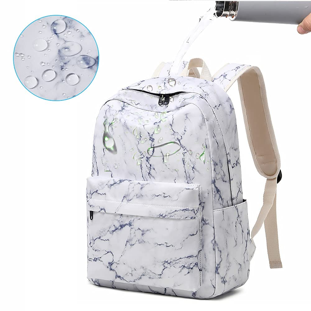 Sunborls Backpack For Teen Girls Lightweight High-Capacity Student Bookbag Women Backpack With Lunch Bag Pencil Bags Student Bookbags 3pcs(Marble White)