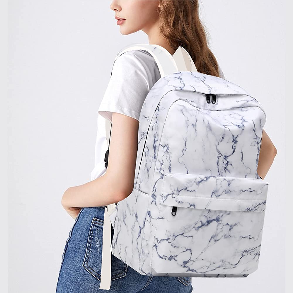 Sunborls Backpack For Teen Girls Lightweight High-Capacity Student Bookbag Women Backpack With Lunch Bag Pencil Bags Student Bookbags 3pcs(Marble White)