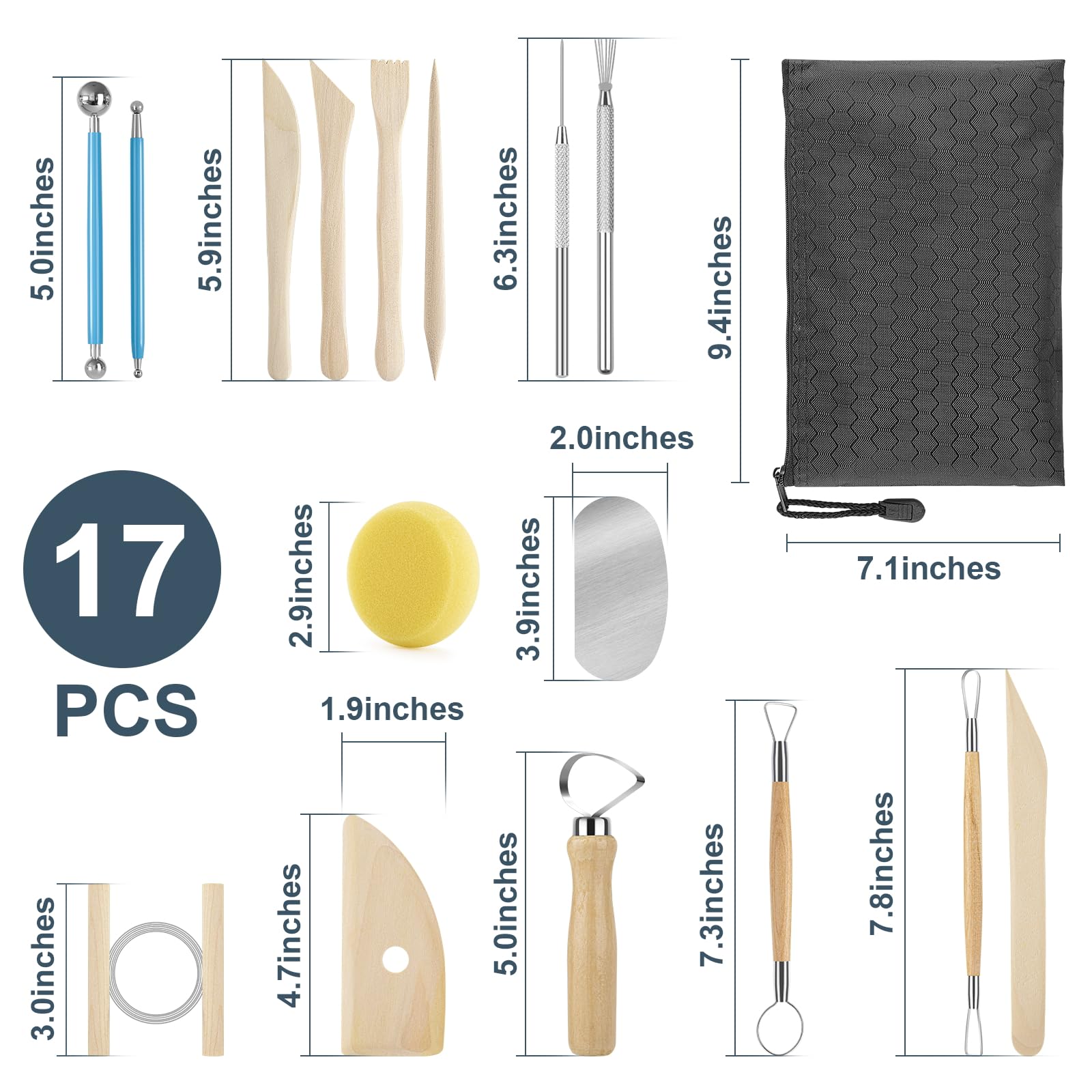 Pottery Tool Kit, 17pcs Polymer Clay Tools, Modeling Clay Sculpting Tools Kit, Ceramics Tools, Trimming, Embossing Pattern, Smooth Wooden Handles
