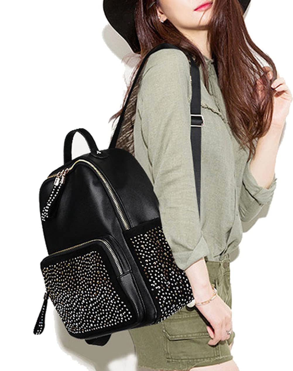 Zzfab Rhinestone Backpack Faux Leather Pewter