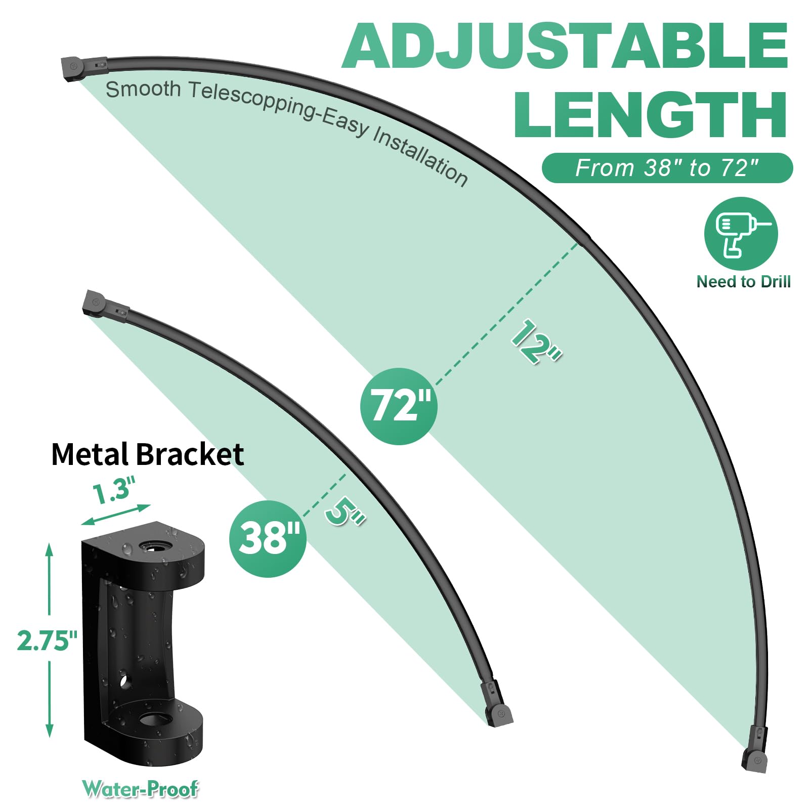 PrettyHome Adjustable Arched Curved Shower Curtain Rod Rustproof Expandable Aluminum Metal Shower Rod 38-72 Inches Telescoping Design Exquisite Customizable for Bathroom,Need To Drill,Black
