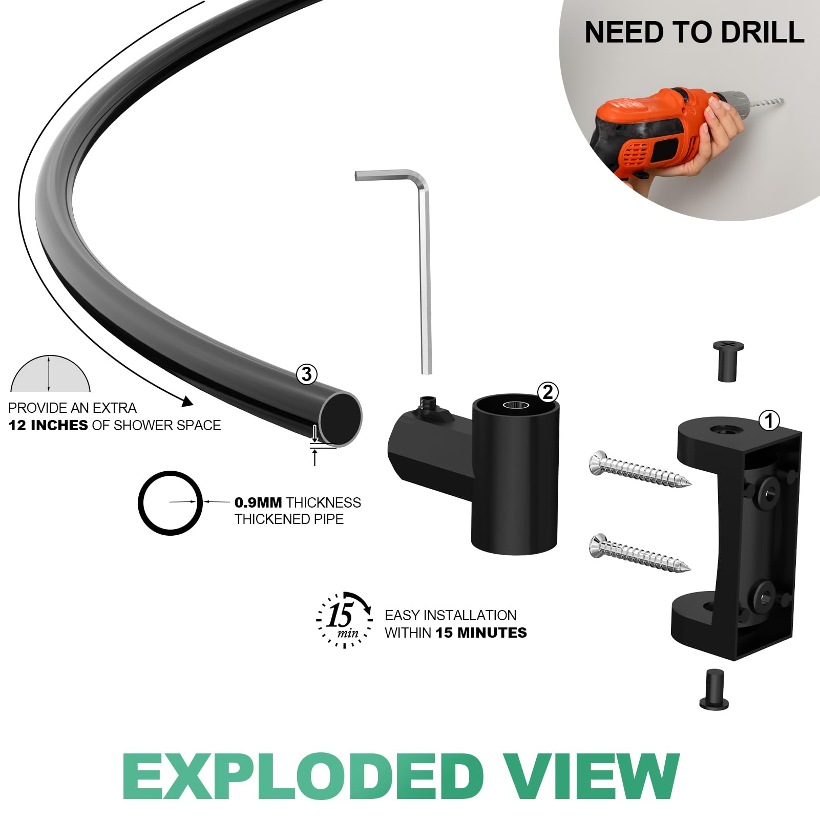 PrettyHome Adjustable Arched Curved Shower Curtain Rod Rustproof Expandable Aluminum Metal Shower Rod 38-72 Inches Telescoping Design Exquisite Customizable for Bathroom,Need To Drill,Black