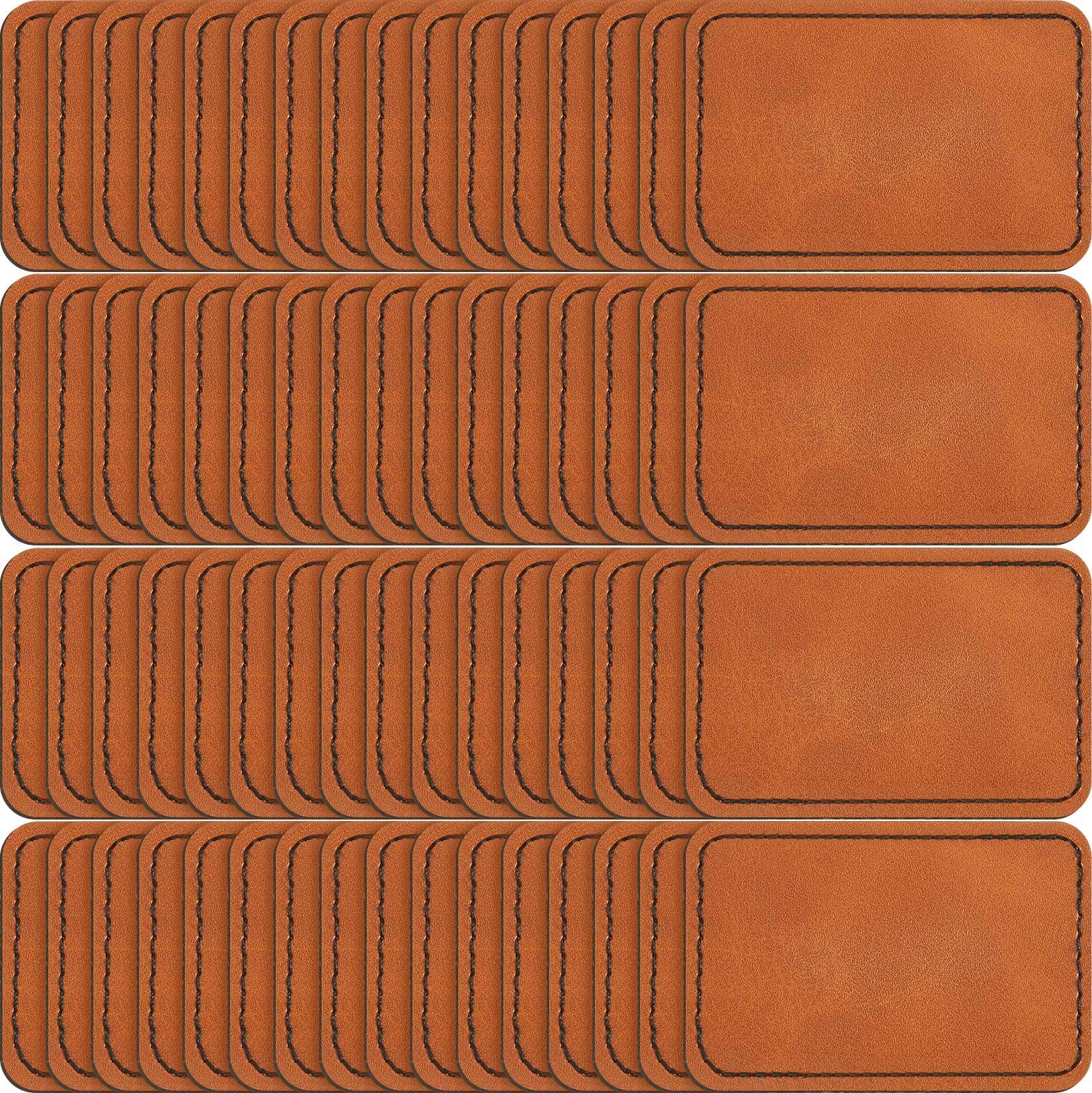 60 Pcs Blank Leatherette Hat Patches with Adhesive Rustic Leatherette Rectangle Patch Faux Leather Patches for Hats Custom Fabric Repair Sew Laser Supplies, 3 x 2 Inches (Khaki)