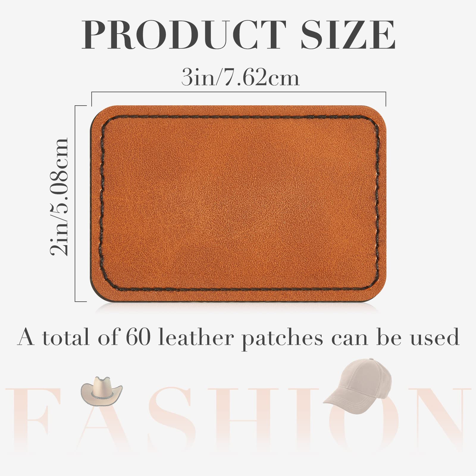 60 Pcs Blank Leatherette Hat Patches with Adhesive Rustic Leatherette Rectangle Patch Faux Leather Patches for Hats Custom Fabric Repair Sew Laser Supplies, 3 x 2 Inches (Khaki)
