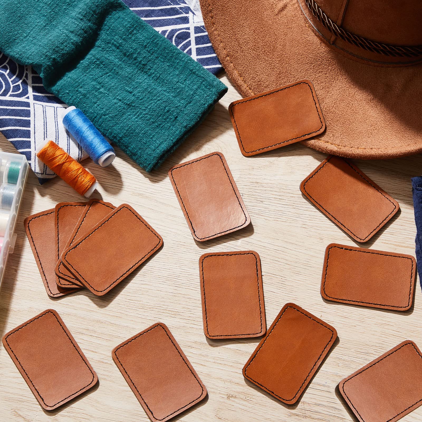 60 Pcs Blank Leatherette Hat Patches with Adhesive Rustic Leatherette Rectangle Patch Faux Leather Patches for Hats Custom Fabric Repair Sew Laser Supplies, 3 x 2 Inches (Khaki)