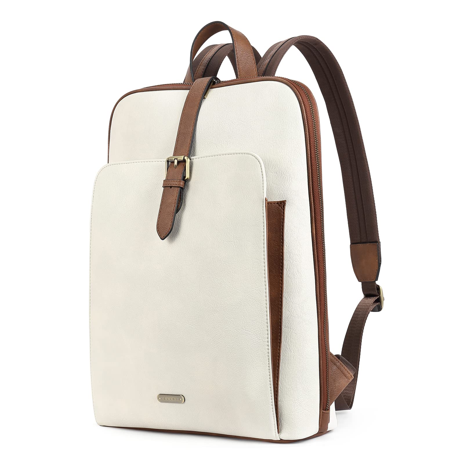 CLUCI Leather 15.6 inch Laptop Backpack Purse for Women Stylish Laptop Bag Work Computer Backpack College Bookbag Off-white with brown