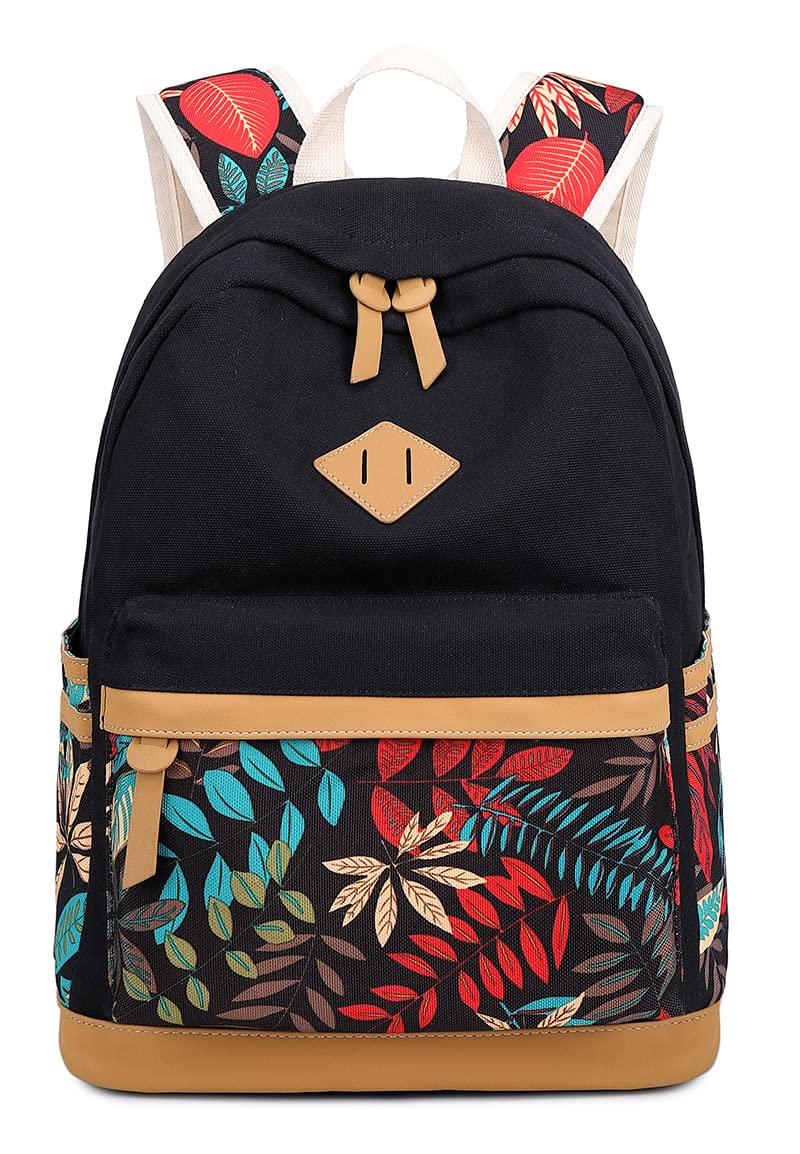 LuckyZ Women Casual Backpack Lightweight School Bookbag Canvas Leather Daykpack Cute Printng Travel Shoulder Rucksacck Leaf Black Medium