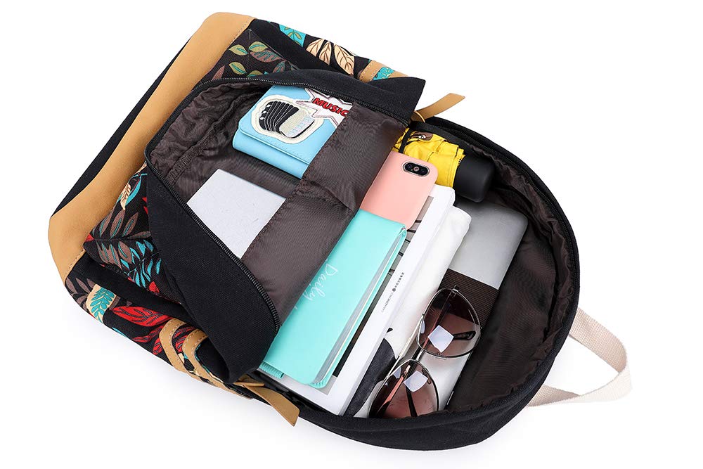 LuckyZ Women Casual Backpack Lightweight School Bookbag Canvas Leather Daykpack Cute Printng Travel Shoulder Rucksacck Leaf Black Medium