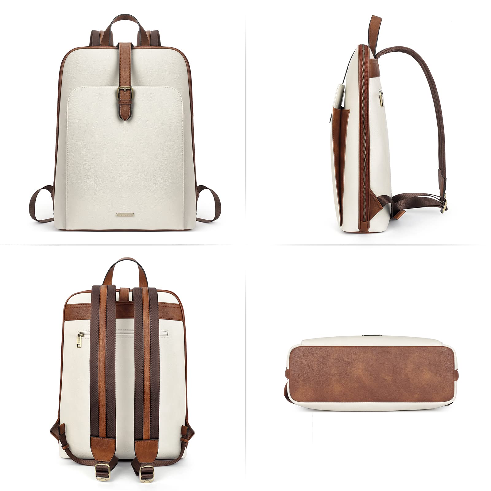 CLUCI Leather 15.6 inch Laptop Backpack Purse for Women Stylish Laptop Bag Work Computer Backpack College Bookbag Off-white with brown