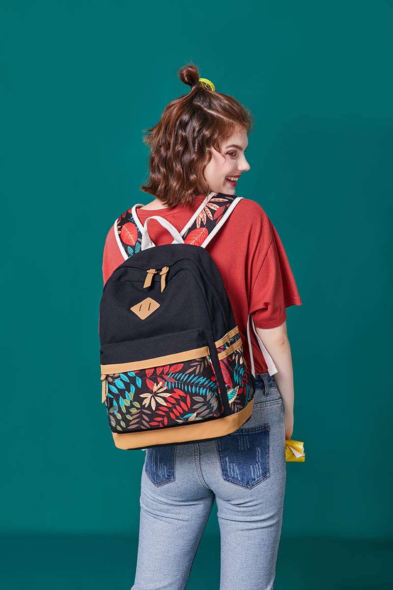 LuckyZ Women Casual Backpack Lightweight School Bookbag Canvas Leather Daykpack Cute Printng Travel Shoulder Rucksacck Leaf Black Medium